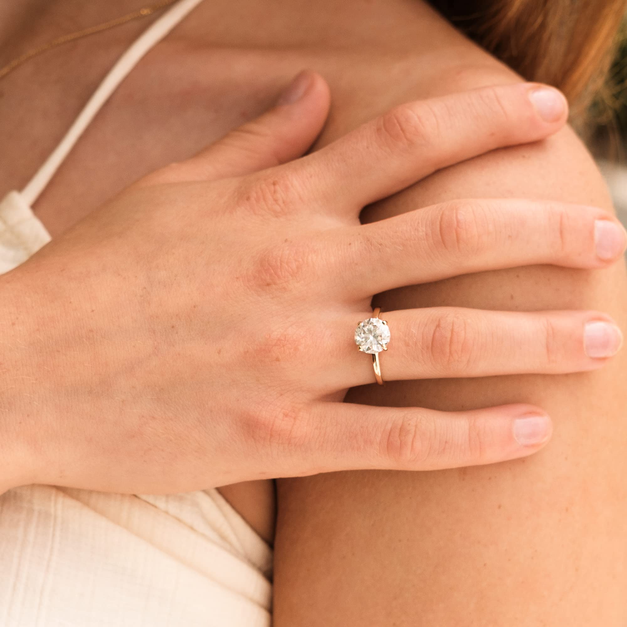 espere 3 Carat Round Moissanite Engagement Ring in 14K Yellow Gold | Round Cut Classic Solitaire Engagement Ring in Plain Band Size 7
