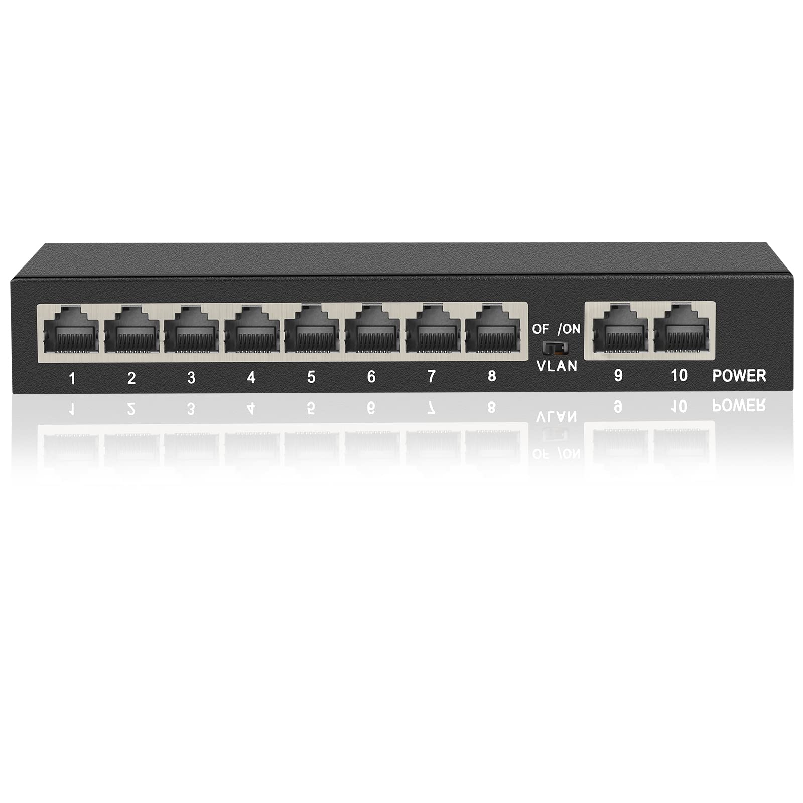 ienRon 10 Port Gigabit Switch, 8 Gigabit Ports + 2 Gigabit Uplink Ports, Unmanaged Ethernet Switch, Internet Switch Network Switch with AI Detection VLAN Mode | Plug and Play| Fanless Metal Design