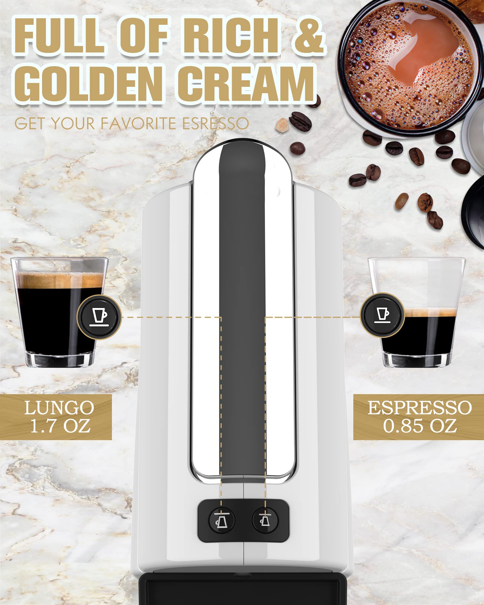 Espresso Machine, Coffee Machine for Espresso and Lungo, Compatible with Nespresso Capsules, Italian 20 Bar High Pressure Pump, 25 Oz Visible Water Tank, KM-C0518-W1