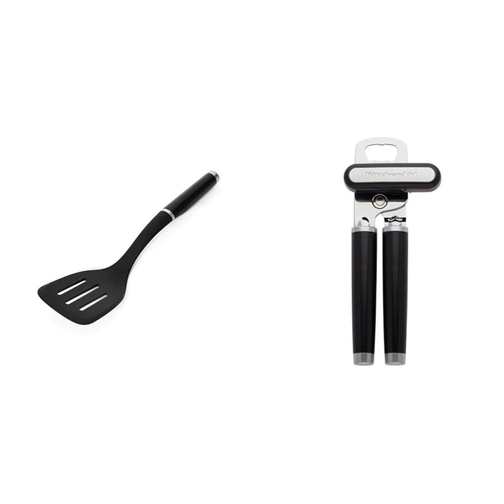 KitchenAid Classic Slotted Turner, One Size, Black 2, 13.66-Inch & Classic Multifunction Can Opener/Bottle Opener, 8.34-Inch, Black