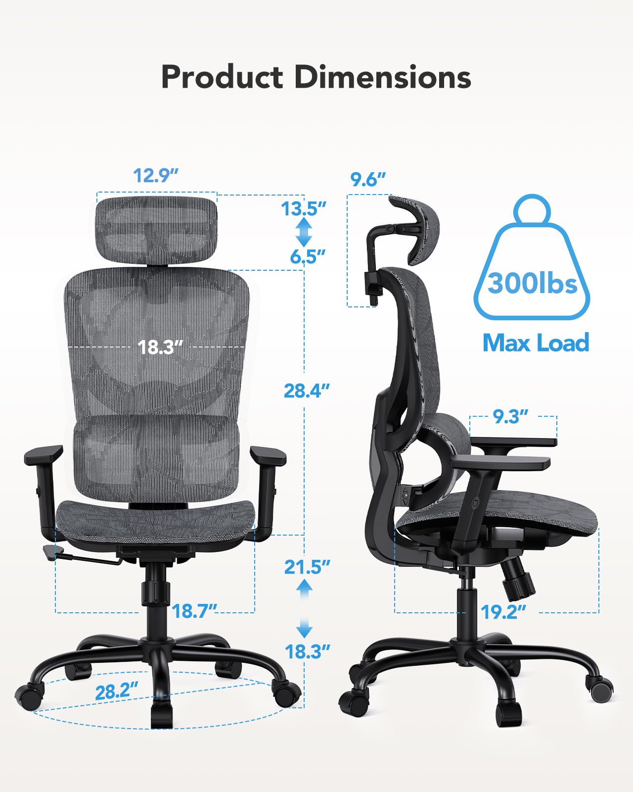 HUANUO Ergonomic Mesh Office Chair, High Back Desk Chair with 5-Level Lumbar Support, Adjustable Headrest, Armrests, Rocking Tilt, Computer Mesh Chair for Home Office Gaming