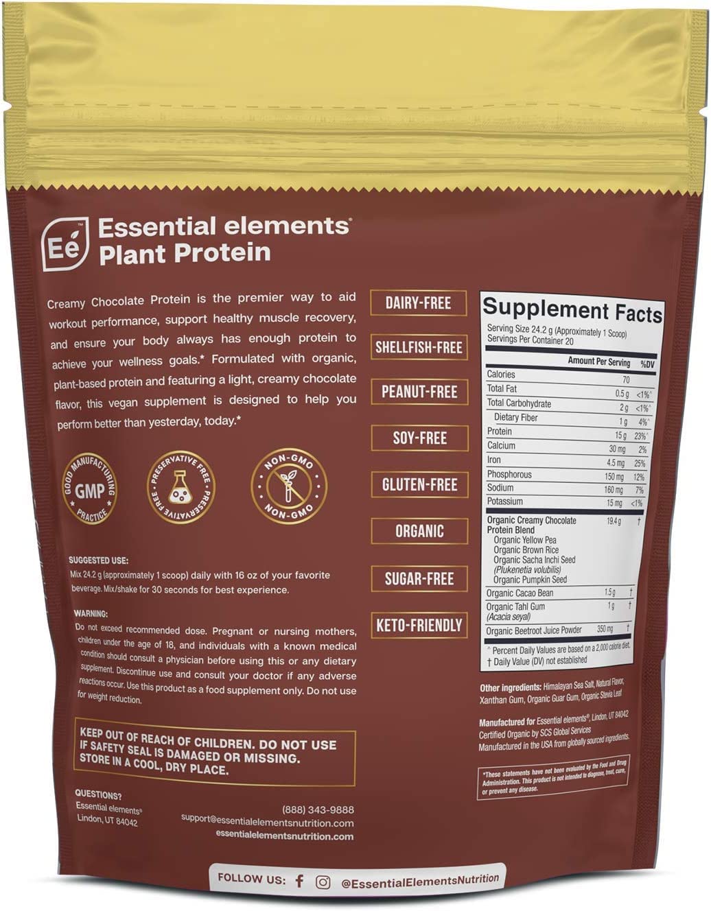 Essential Elements Organic Pea Protein Powder - Creamy Chocolate | Low-carb Plant-Based Vegan Blend - Keto-Friendly and Gluten-Free | 20 Servings, 17 oz