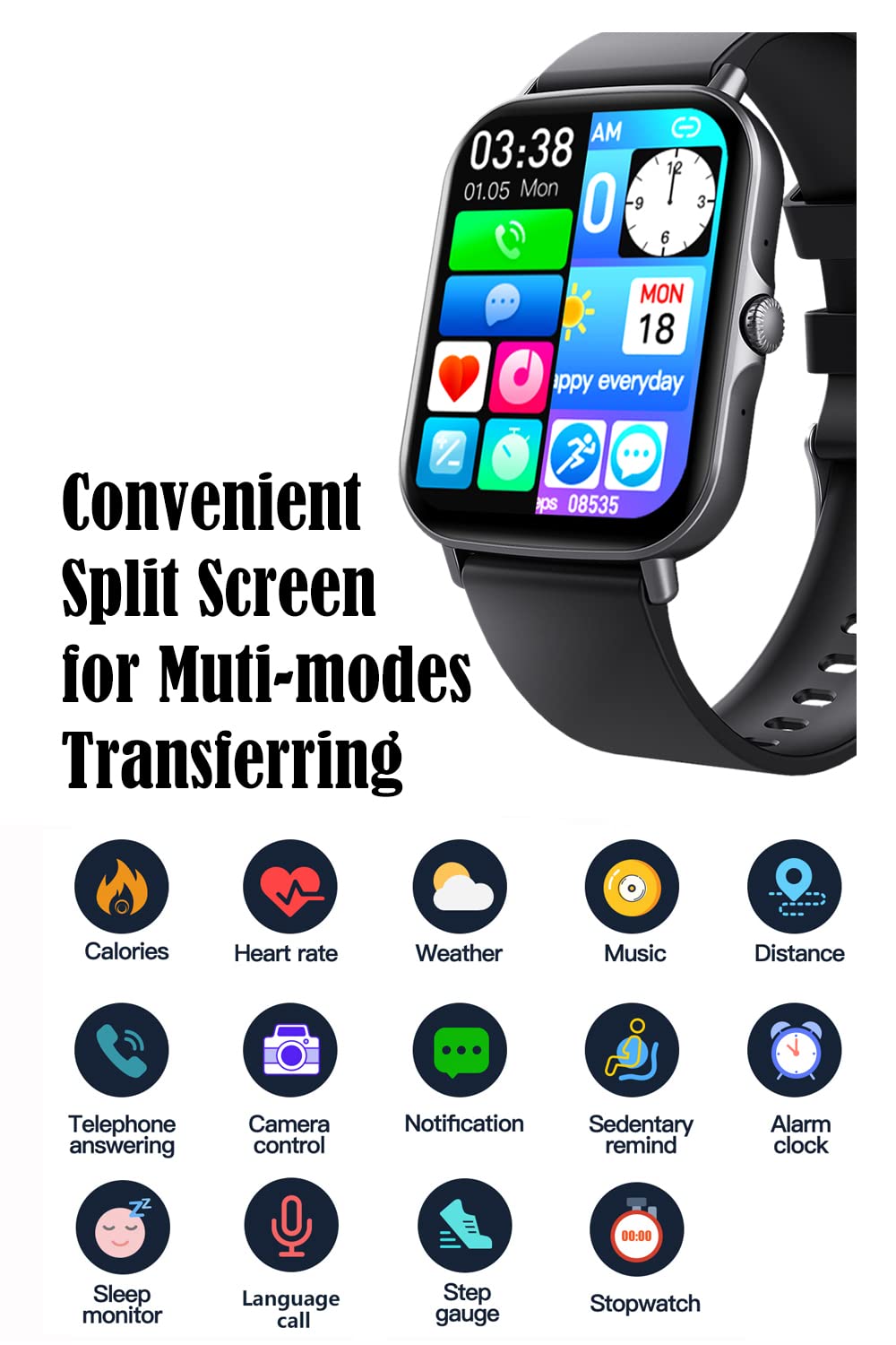 Smart Watches for Men Women HD Full Touchscreen Making Calls Smartwatch with Split-Screen Mode Waterproof Fitness Tracker Heart Rate,Sleep,Blood Pressure,Blood Oxygen Monitor for Activity Tracker