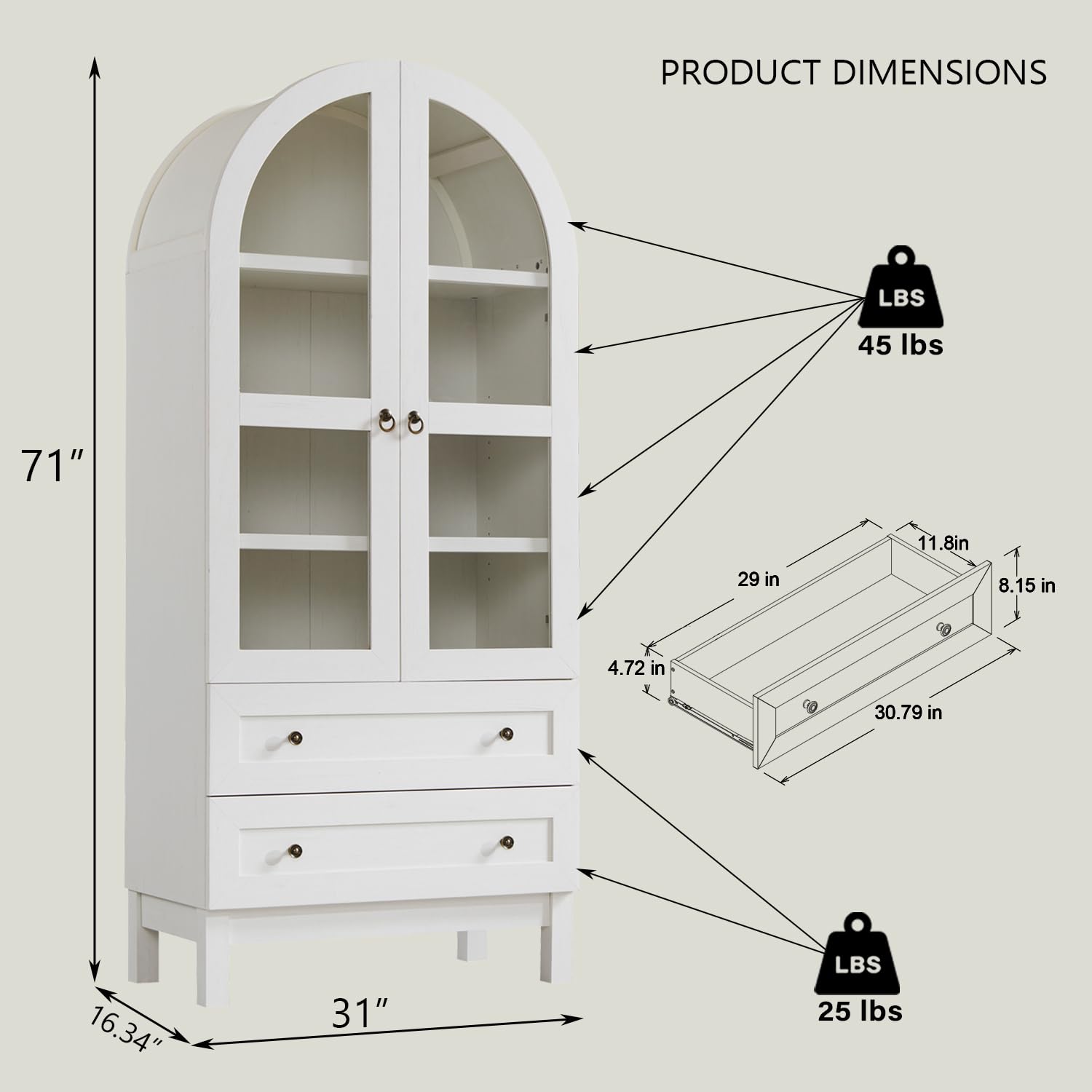 IFGET 71" Tall Arched Kitchen Pantry Cabinet, Wood Kitchen Storage Cabinets with 2 Large Drawers and Adjustable Shelves, Modern Farmhouse Versatile Cupboard for Kitchen, Dining Room, Bathroom, White