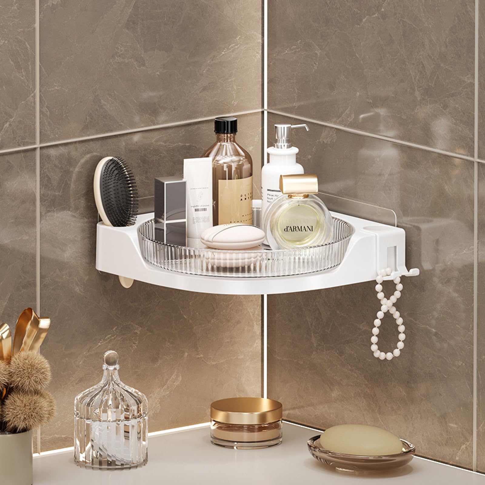 KOUHTIKA 360 Rotating Makeup Organizer Corner Spinning Bathroom Organizer 1 Pack Corner Shower Rack with Hooks for Perfume Lotion Skincare Organizer Countertop Kitchen Storage(Clear)