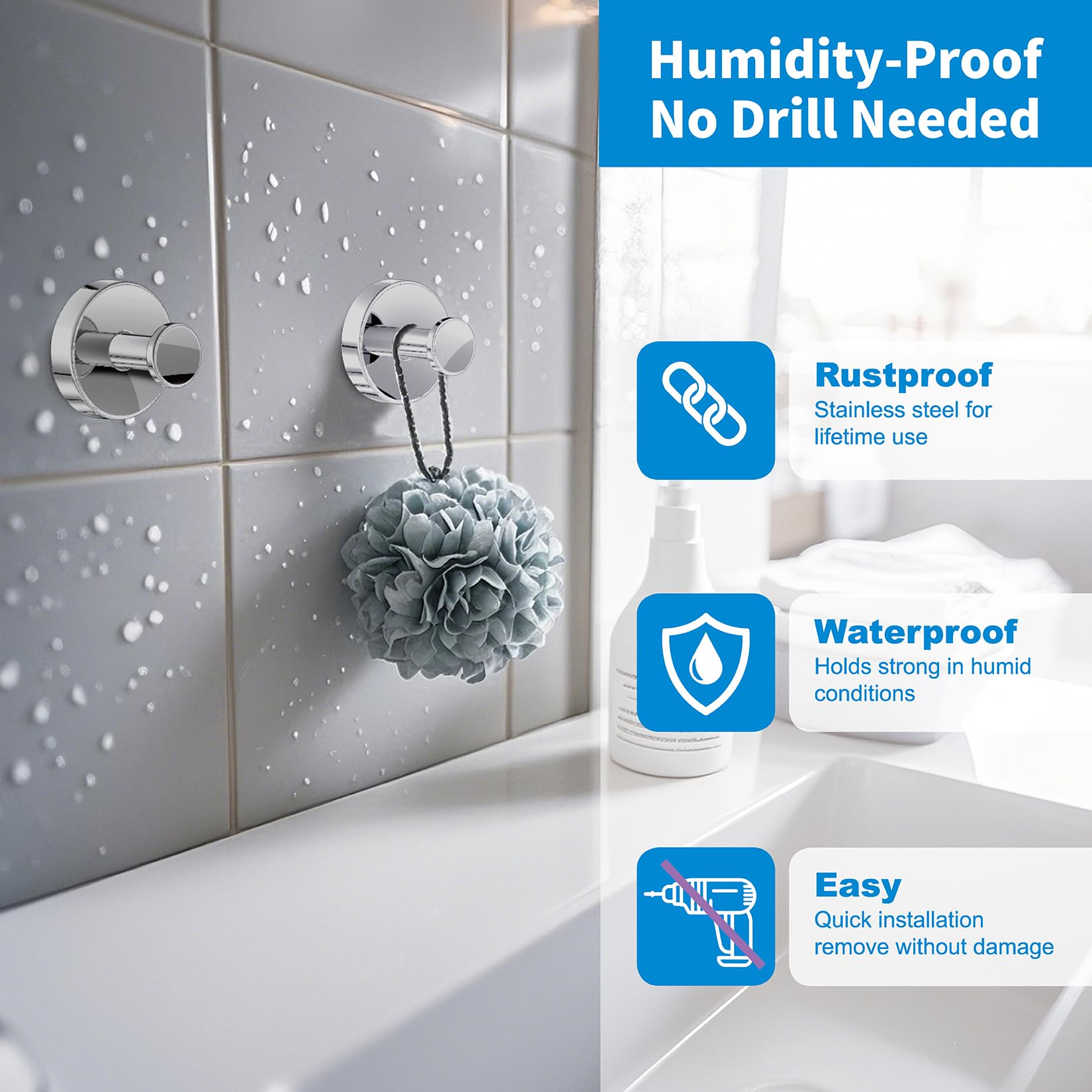 KaloTidy Suction Cup Hooks for Shower, Bathroom, Glass Window, Hanging Loofah, Towels, Coats, Robes, Kitchen and Door Hanger, Heavy-Duty Metal Hooks, Waterproof and Removable,2 Pack (Chrome)