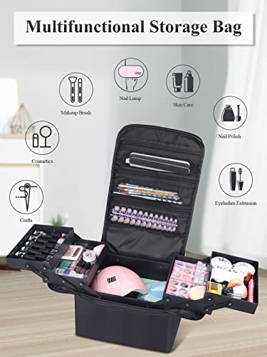 Large Nail Supply Organizers and Storage for Nail Tech, 4 Trays Nail Polish Organizer Travel Bag, Makeup Train Case Professional for Crafter Tools, Cosmetologist, Makeup Tools Organizer Case (Black)
