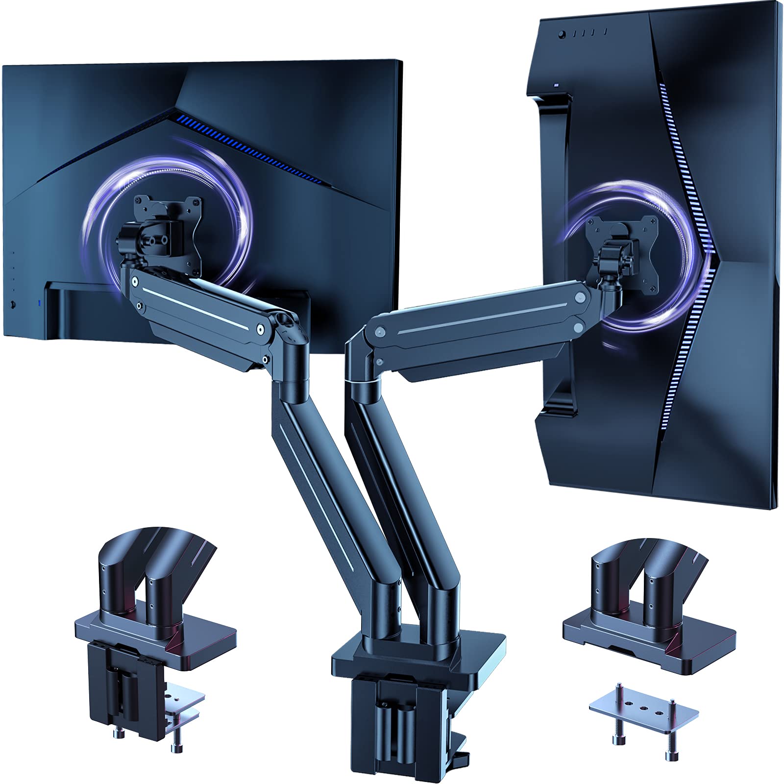 ErGear Dual Monitor Mount Stand, 26.4lbs Heavy-Duty Aluminium Monitor Arms, Gas Spring Monitor Desk Mount for Two 13-32" Flat/Curved Computer Screens with Upgrade Double Clamp Mount