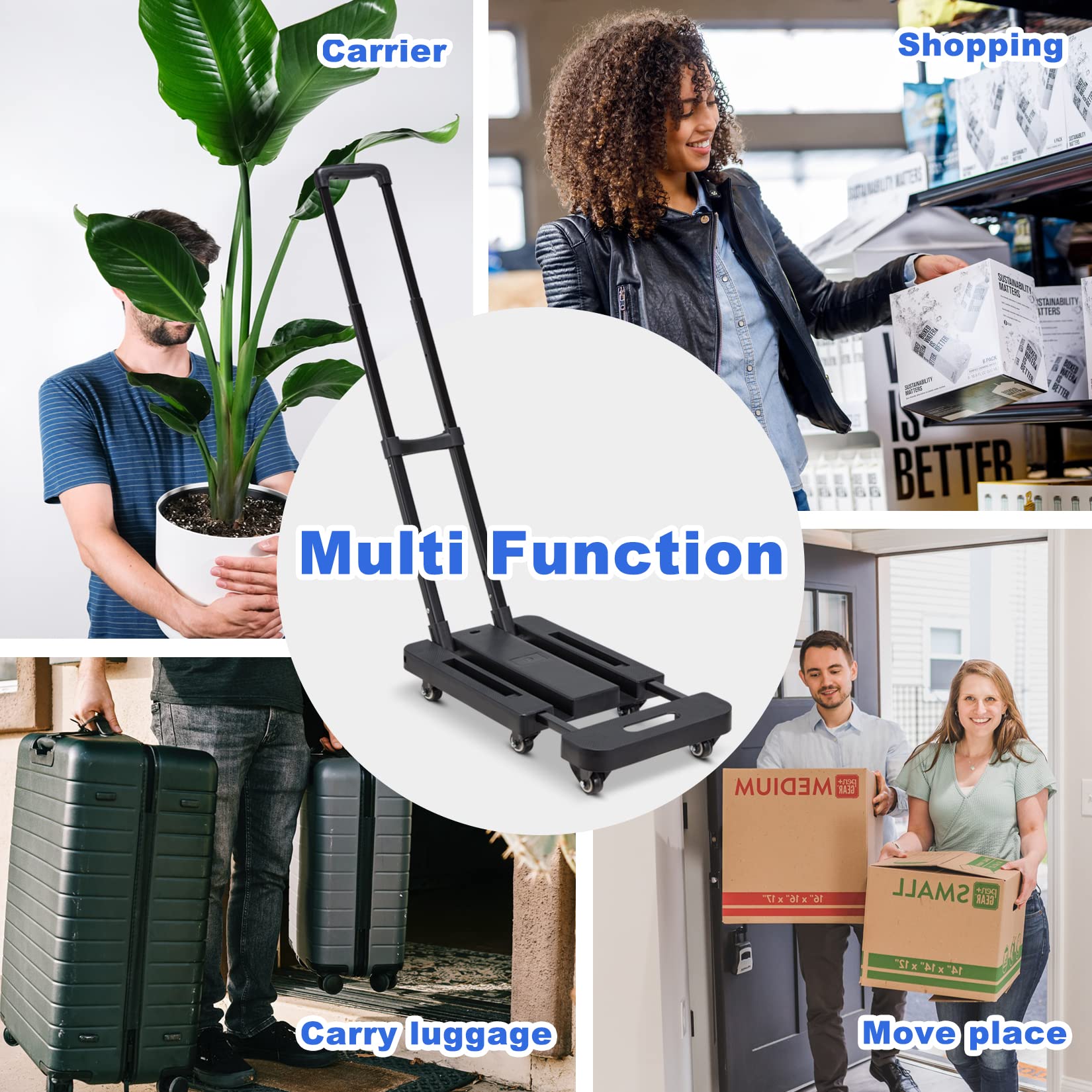 Outspurge Folding Hand Truck Dolly 600LB ,Portable Dolly for Heavy Duty Moving Luggage Carts with 6 Wheels Dolly with Handle 2 Elastic Rope for Travel, Moving, Shopping,Office Use