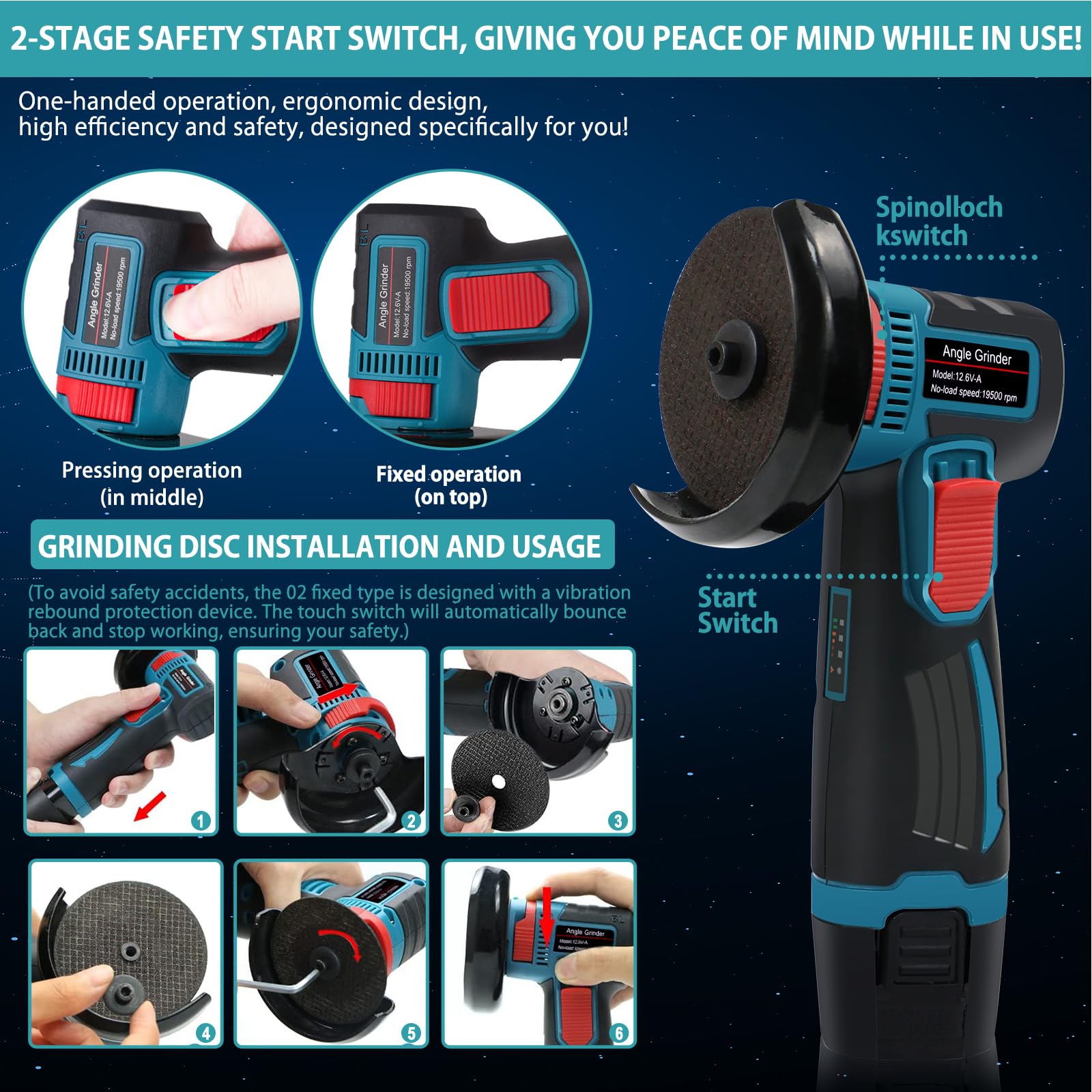 Mini Angle Grinder, 12.6V 3inch Angle Grinder with 2 * 2500mAh Batteries and 5 Grinding Wheels, Brushless Motor 19500RMP Cordless Grinder, Cutting/Deburring/Derusting Grinder Tool (Blue)