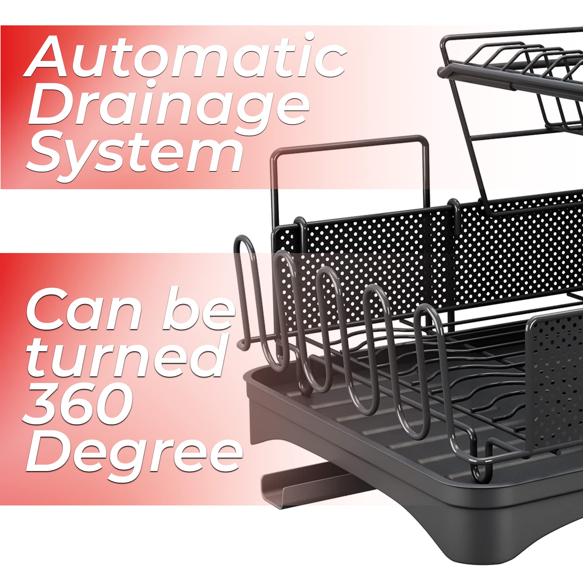 EXIN DECHEN Dish Drying Rack – 2 Tier Large Dish Rack with Auto Drainage, Stainless Steel Dish Drainer for Kitchen Counter with Glass Holder, Cutting Board Holder and Extra Drying Mat