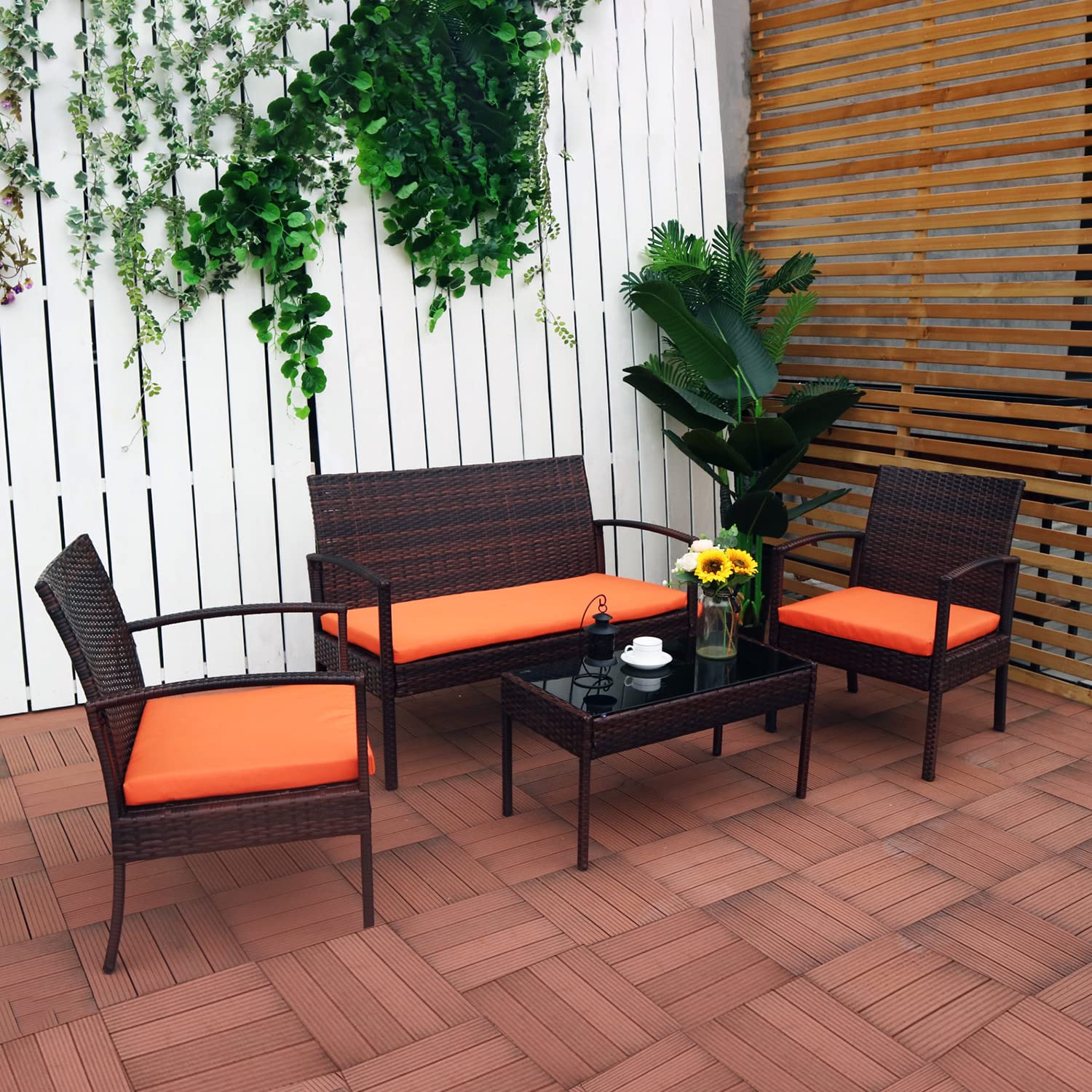 Hubhalsun Patio Wicker 4 Piece Set for Outdoors,Garden Wicker Funiture for Backyard, Indoor Rattan Chair, 4-Person Seating Group with Cushion (Orange)
