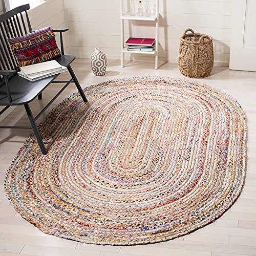 SAFAVIEH Cape Cod Collection Area Rug - 5' x 8' Oval, Beige & Multi, Handmade Boho Braided Jute & Cotton, Ideal for High Traffic Areas in Living Room, Bedroom (CAP202B)
