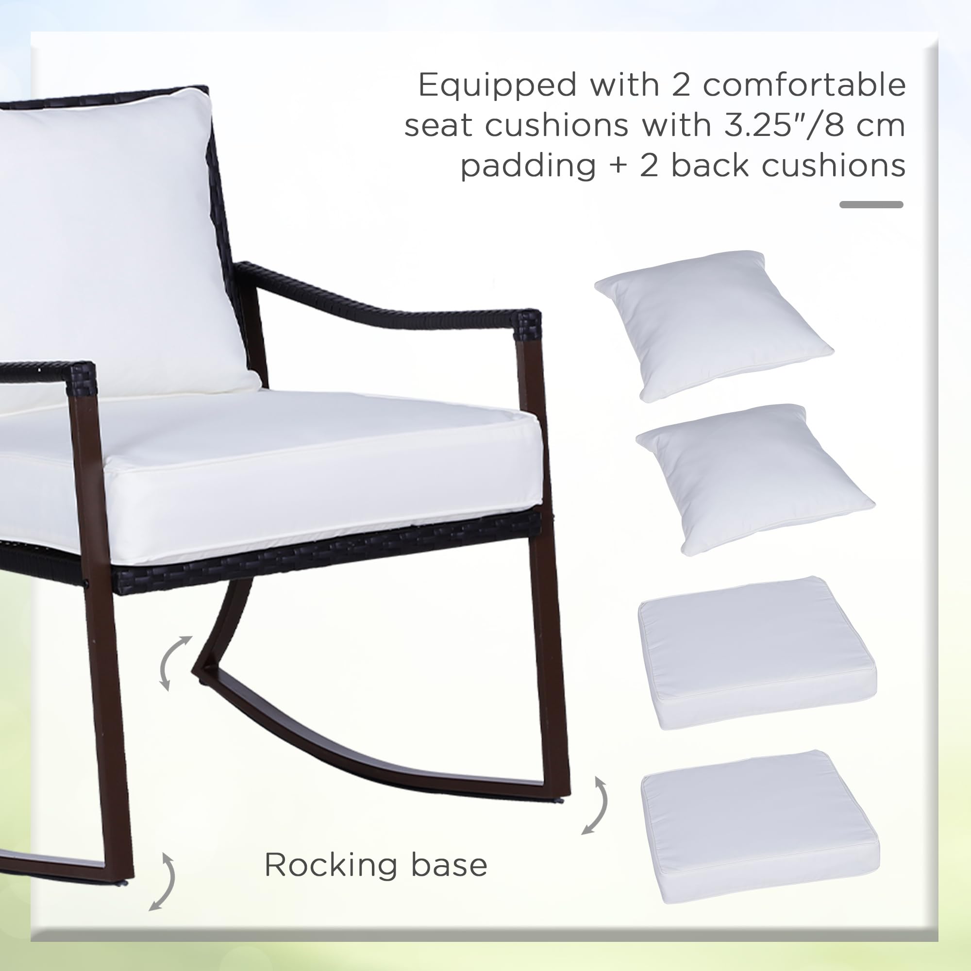 Outsunny 3 Piece Patio Rocking Bistro Set, Outdoor PE Rattan Wicker Rocking Chairs with Cushioned, Pillows, Two-Tier Glass Storage Shelf Coffee Table, Cream White