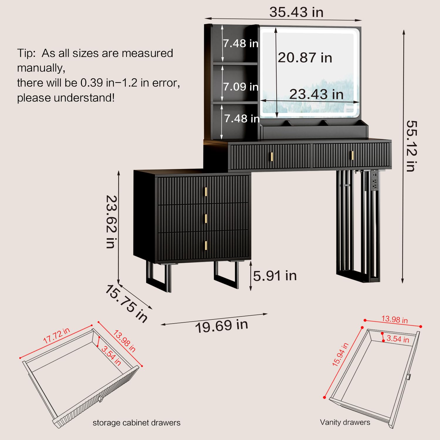 Large Vanity Desk with 3 Color Touch Screen Dimming Mirror, Vanity Desk with Charging Station, Modern Retractable Makeup Dressing Table, Vanity Table With storage shelves and 5 Sliding Drawers, WT