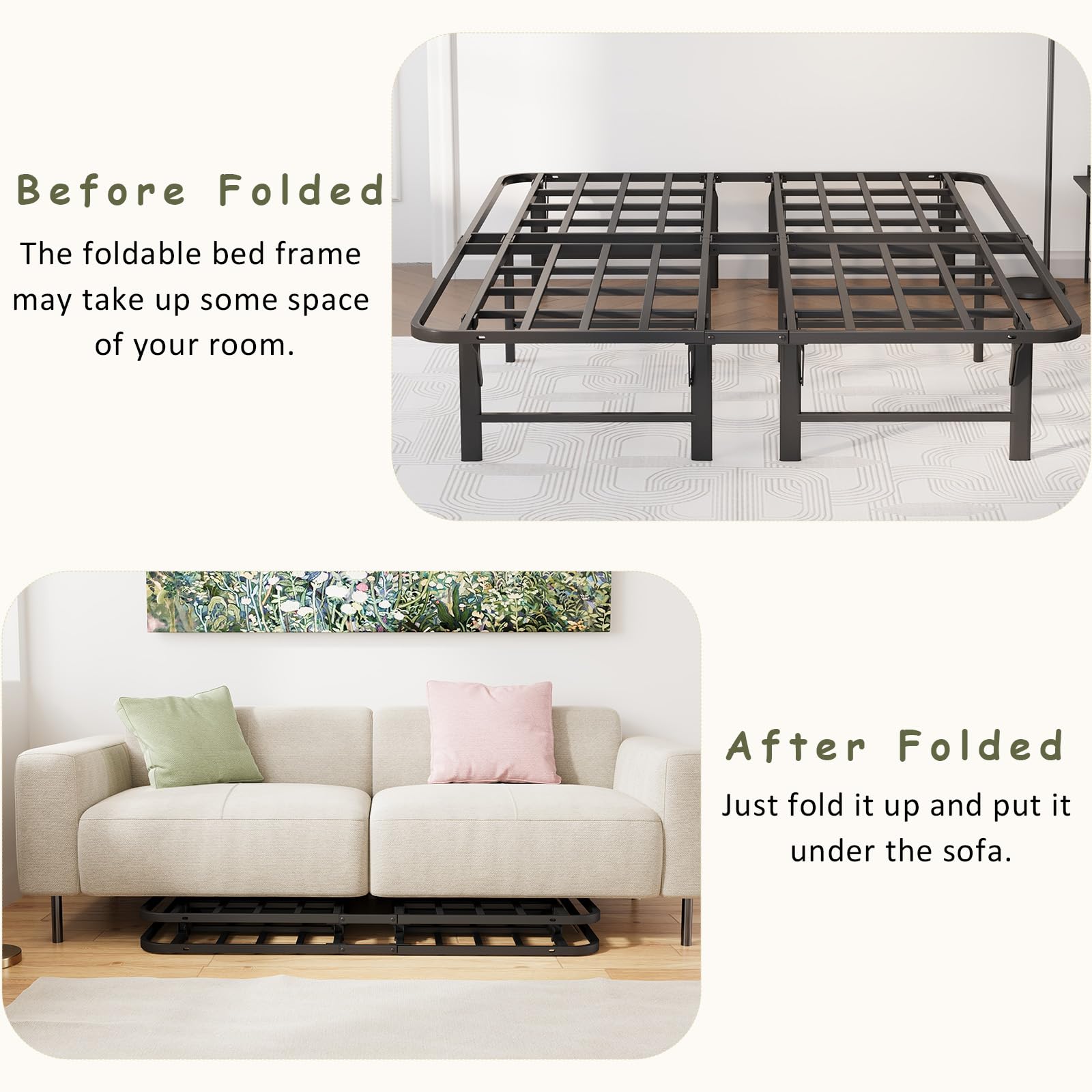 RestVille Collapsible Queen Bed Frame Heavy Duty Steel Slat Construction 16 Inch High No Box Spring Needed Easy Assembly Noise-Free Black