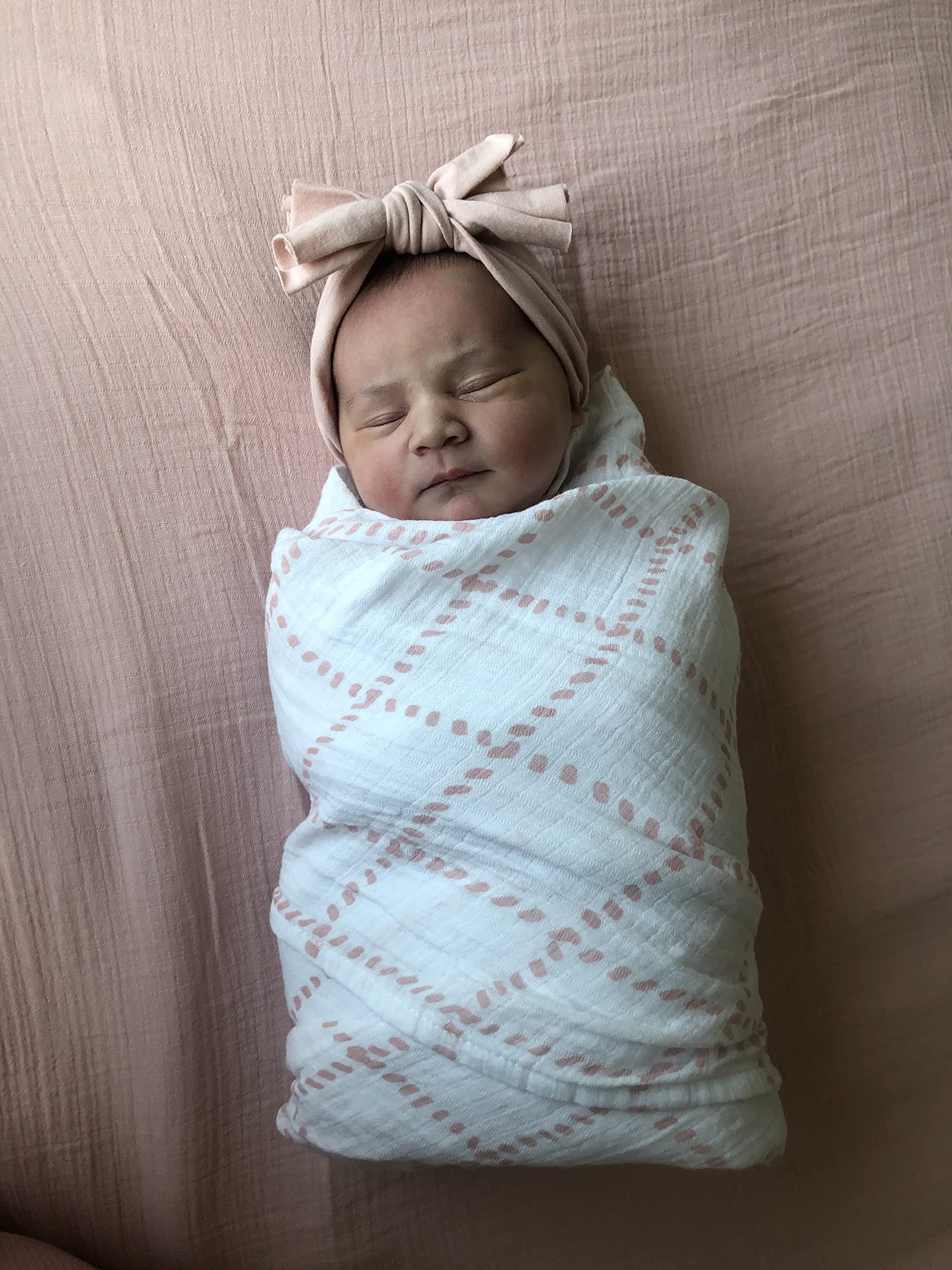 Muslin Swaddle Blankets 2-Pack 100% Muslin Cotton Swaddle Receiving Wrap Blankets (47 X 47 inches) Gift for Baby Girl (Pink Grid Lines & Solid Pink) (Pink)