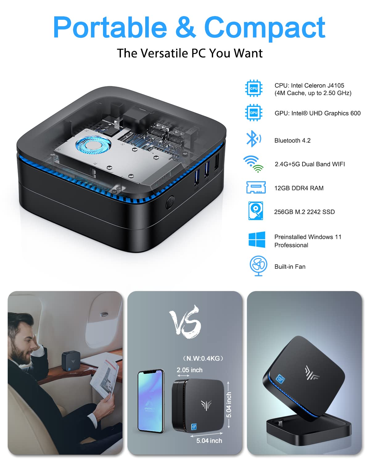 KAMRUI Mini PC Intel Celeron J4105 with Windows 11 Pro, 12GB RAM/256GB ROM Mini Computers, Micro Desktop PC with 4K UHD, Dual Wi-Fi, Bluetooth 4.2, HTPC Support Auto Power On
