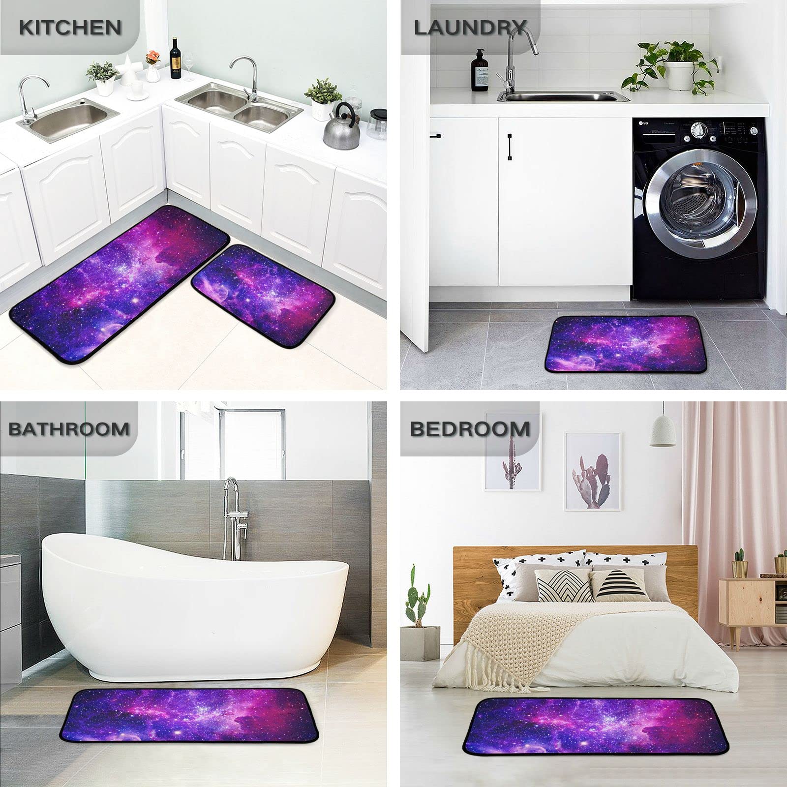Galaxy Starry Sky Purple Kitchen Rugs and Mats 2 Pieces Anti Fatigue Kitchen Rug Set Non-Slip Bath Mat Entry Floor Carpet Entrance Door Mat Runner 20"x28"+20"x47"