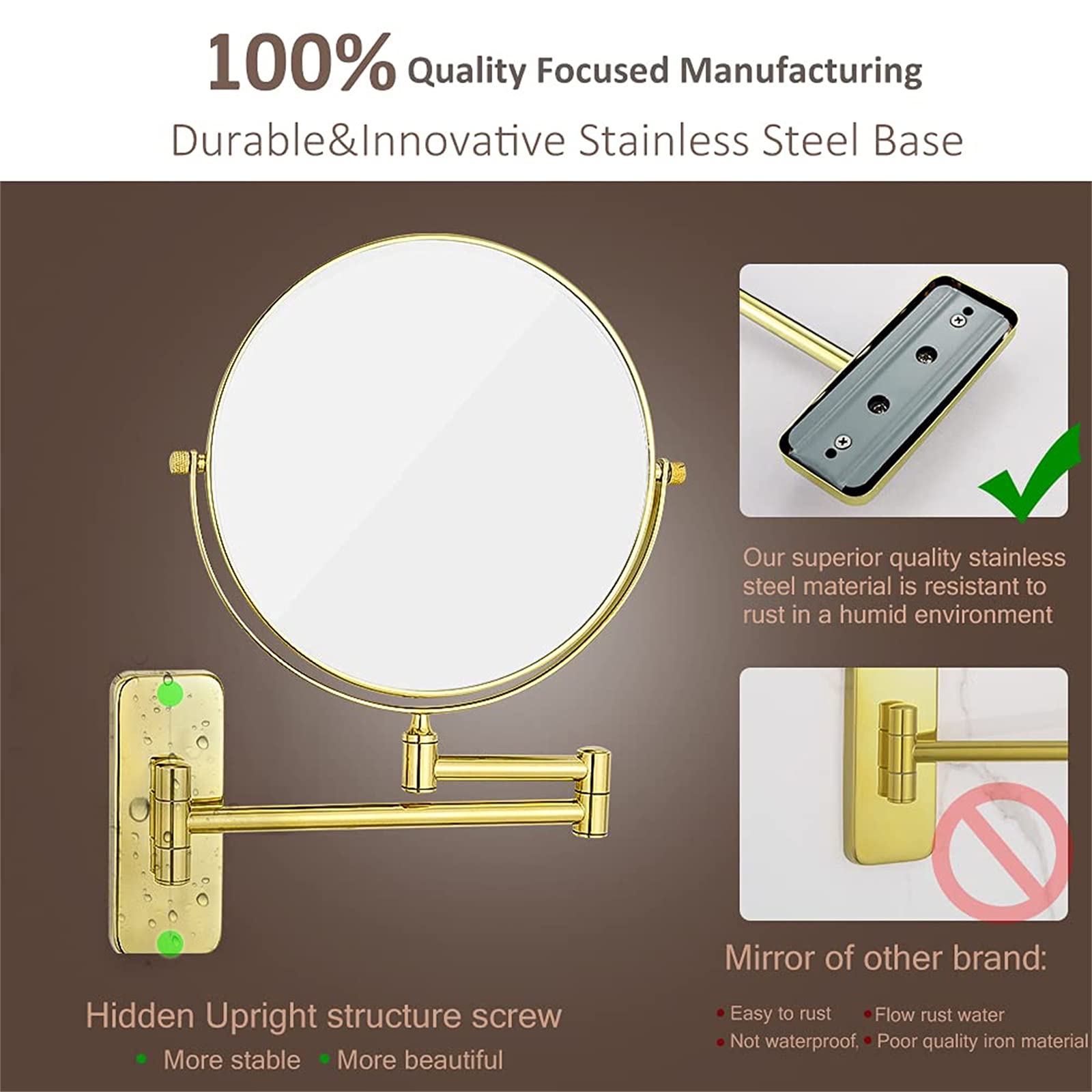 LARRO Wall Mounted Makeup Mirror, 8 inch Gold Finish Double Sided Magnifying Shaving Mirror, Extendable Bathroom Round Cosmetic Vanity Mirrors,7X (Color : 10x)