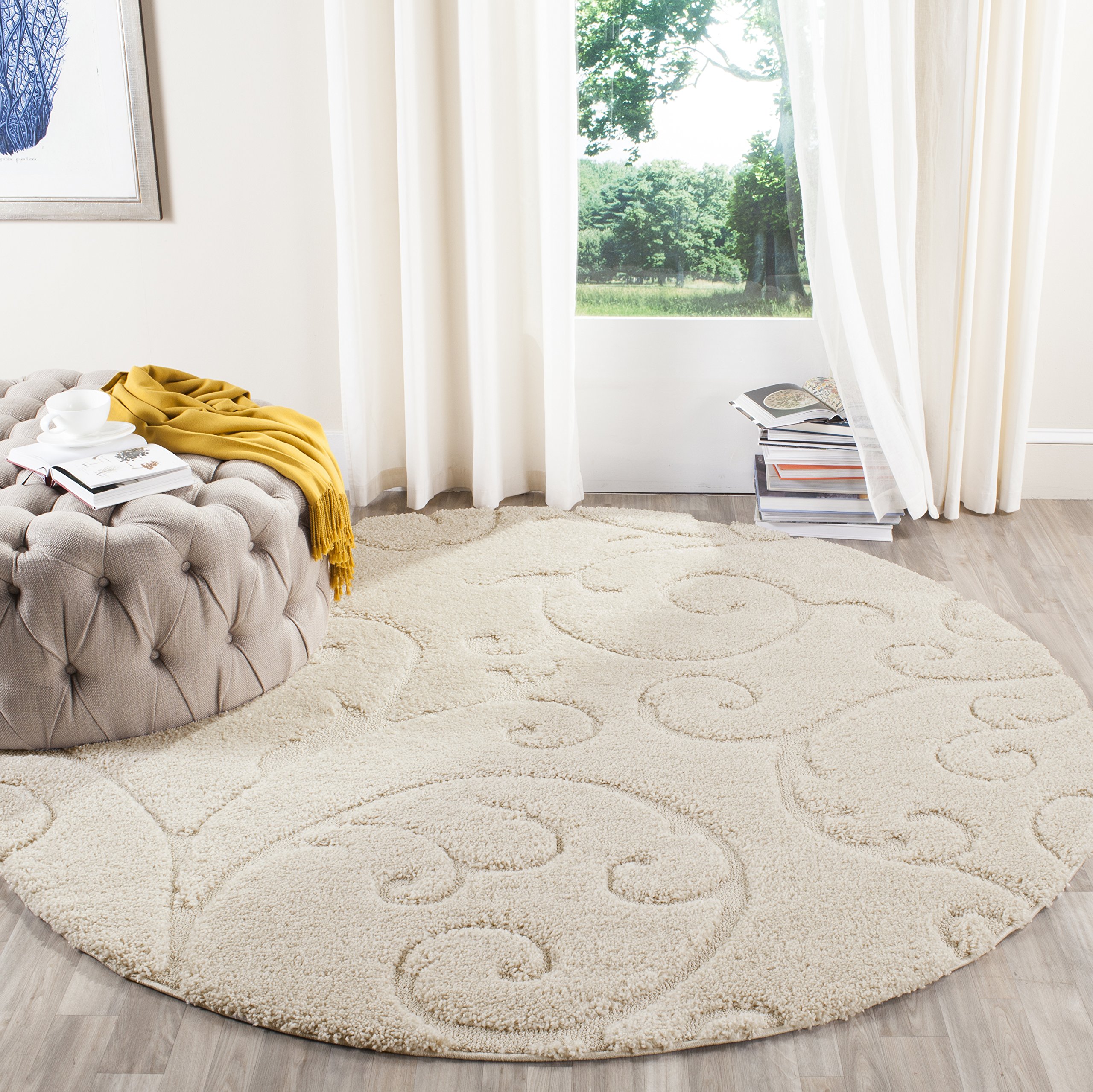 SAFAVIEH Florida Shag Collection 9' Round Cream / Cream SG455 Scrolling Vine Graceful Swirl Textured Non-Shedding Living Room Bedroom Dining Room Entryway Plush 1.2-inch Thick Area Rug