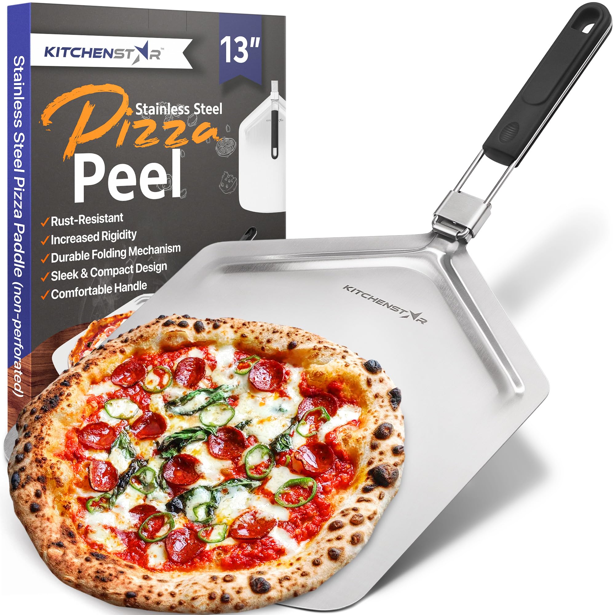KitchenStar Stainless Steel Pizza Peel with Folding Handle (13 x 16.5 Inches) for Oven Pizza Turning, Placement and Retrieving - Professional Baking Tools Series