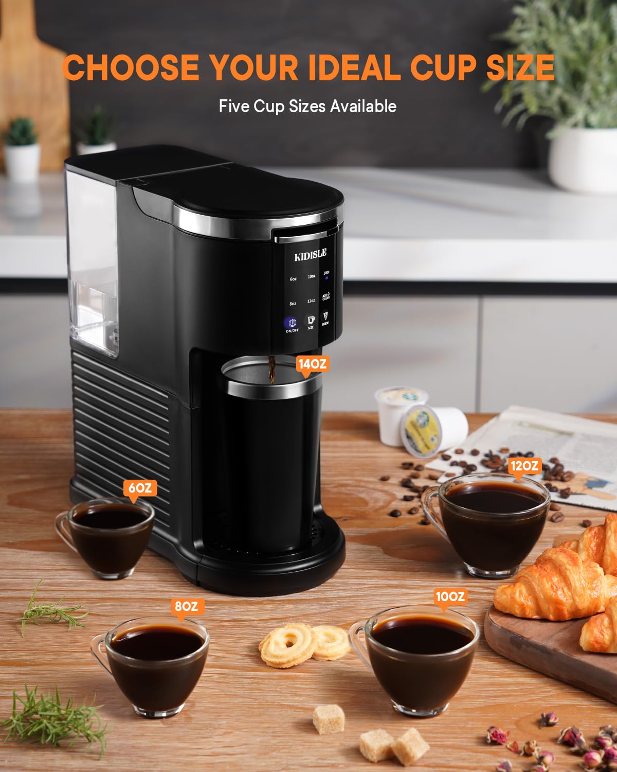 KIDISLE Single Serve Coffee Machine, 3 in 1 Pod Coffee Maker for K Cup Pods & Ground Coffee & Teas, 6 to 14oz Brew Sizes, with 40oz Removable Water Reservoir, Self-cleaning Function, Black