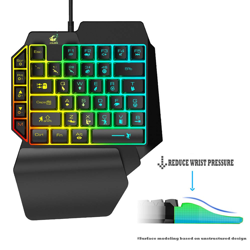 Ergonomic One-Handed Wired Mouse Gaming Keyboard Set for Mobile Phone - LED Backlight Glow Single Hand Mechanical Feeling Keyboard