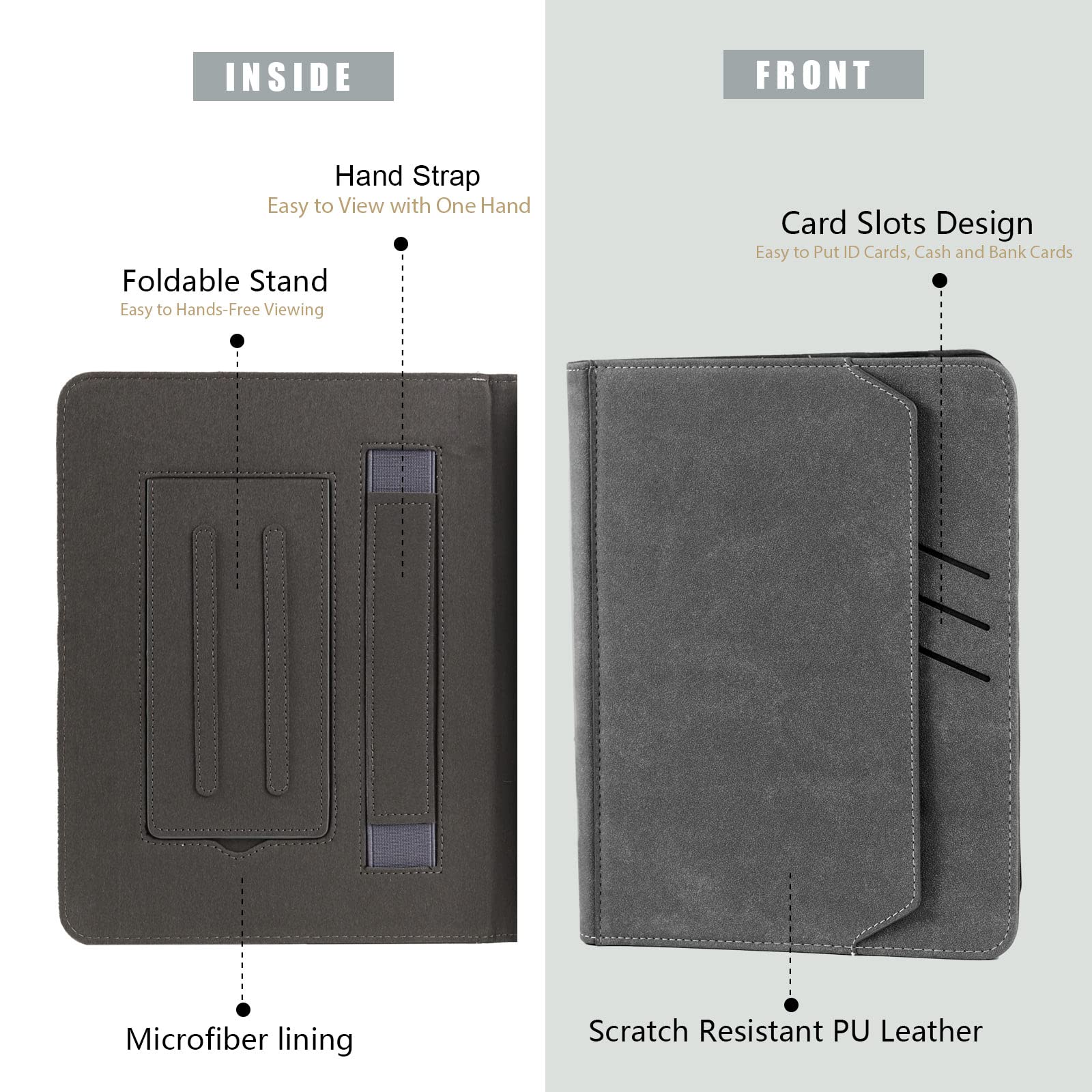 KUAELEN Case for iPad 10.2 Inch 9th/8th/7th Generation (2021/2020/ 2019) with Pencil Holder, Suede Fabric Cover with Card Slots, Hand Strap and Foldable Stand, Grey