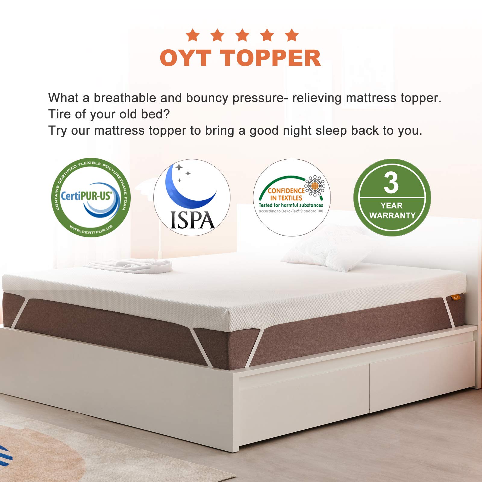 OYT Twin Size Mattress Topper,3 Inch Gel Memory Foam Mattress Topper for Cooling Sleep & Pressure Relieving,Mattress Pad in a Box with with Removable & Washable Cover, CertiPUR-US Certified