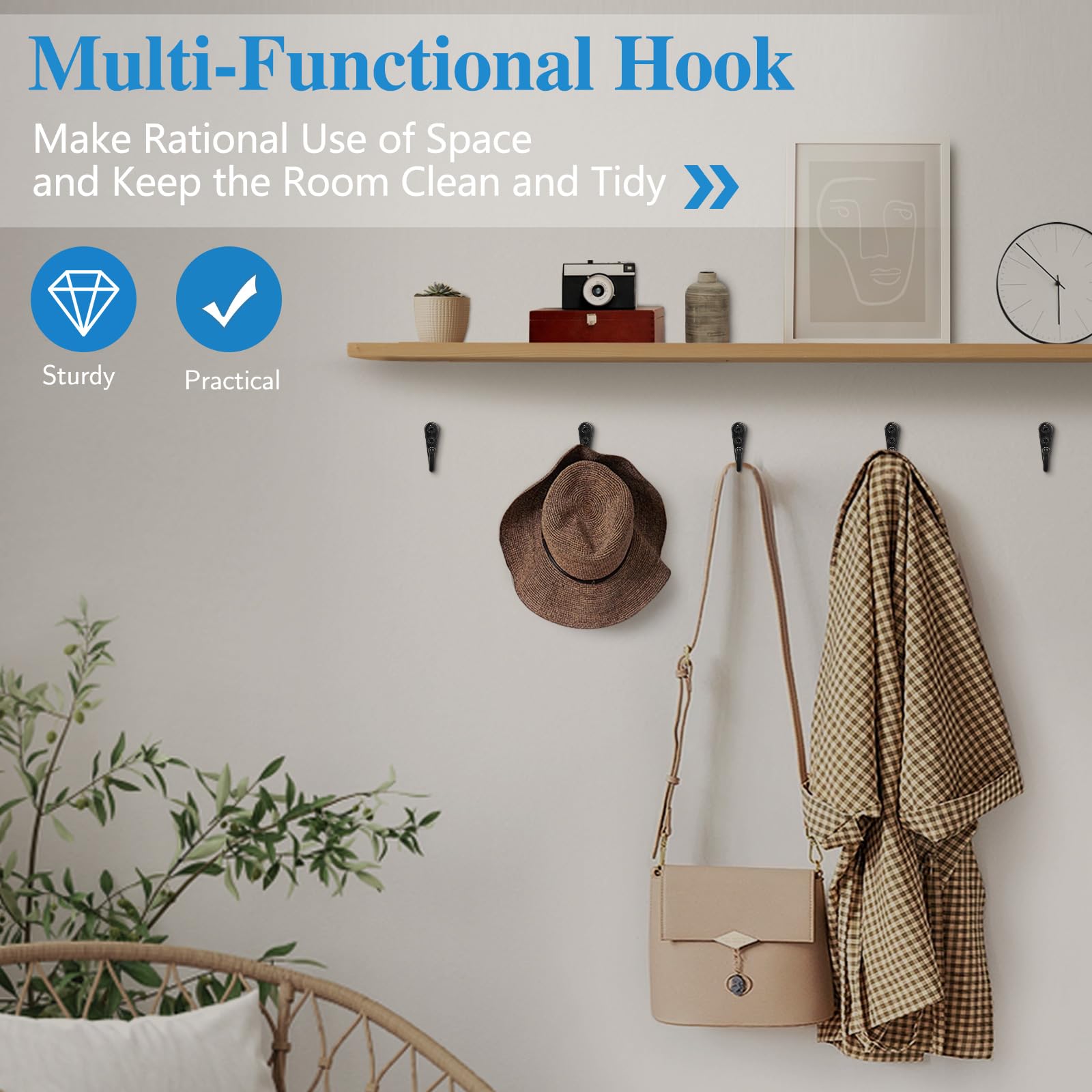 QJUZO Wall Hooks for Hanging, 15pcs Black Wall Mounted Coat Hooks, Metal Wall Hooks for Coats with 30 Pieces Screws for Hanging Hat, Key, Towel, Robe, Coats, Scarf, Bag, Coffee Mugs