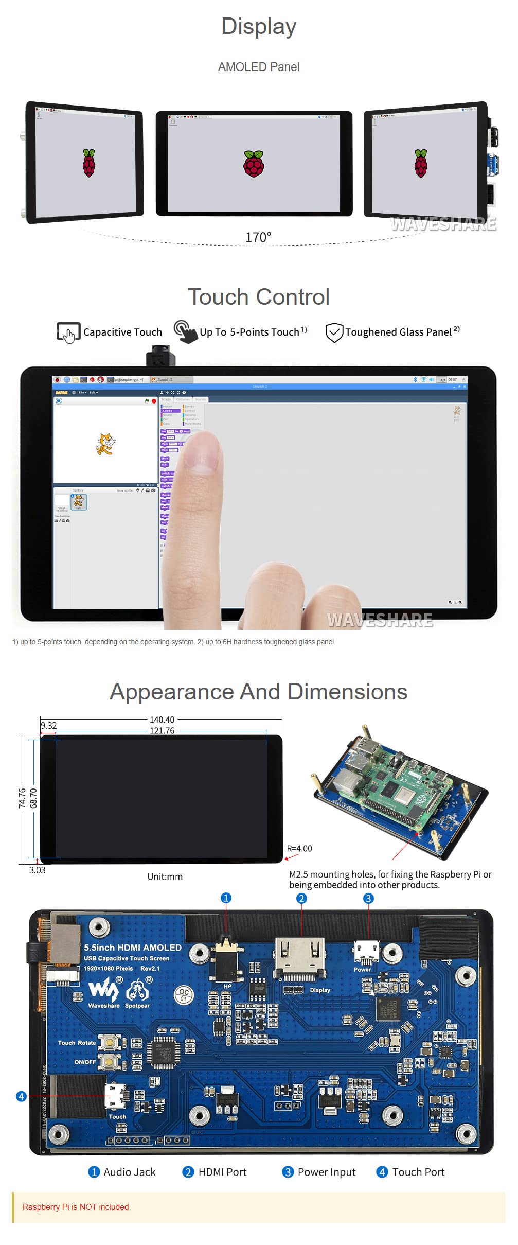 iiunius Waveshare 5.5inch HDMI AMOLED Display for Raspberry Pi 4B+ 4B 3B+ 3B 2B Zero Zero W WH Jetson Nano PC 1080×1920 Capacitive Touch 170° Wide Anlge