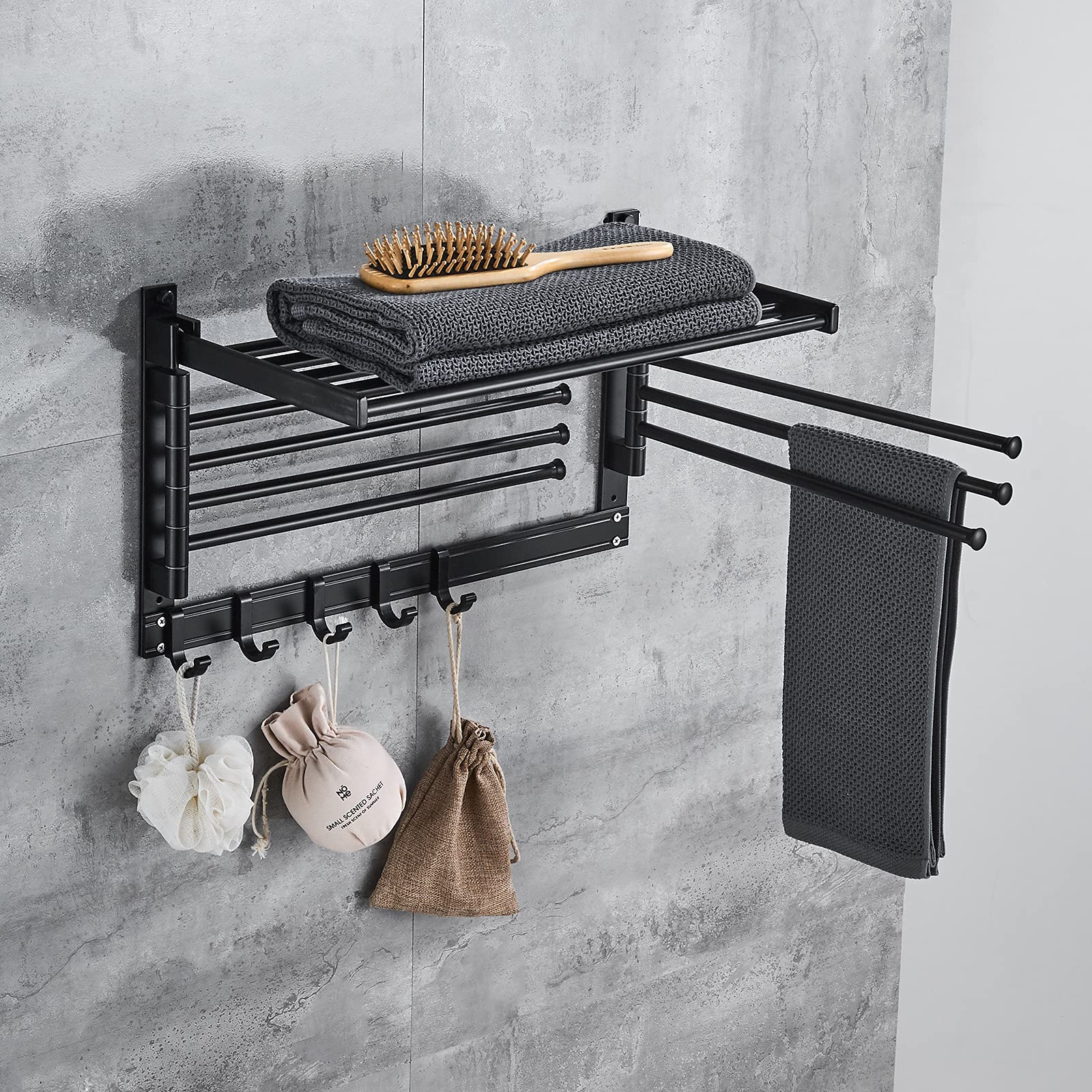 Towel Rack with 7 Towel Bar Holder Foldable Towel Shelf with Movable Hooks Wall Mounted Lavatory Towel Organizer Space Saving Towel Holder Black