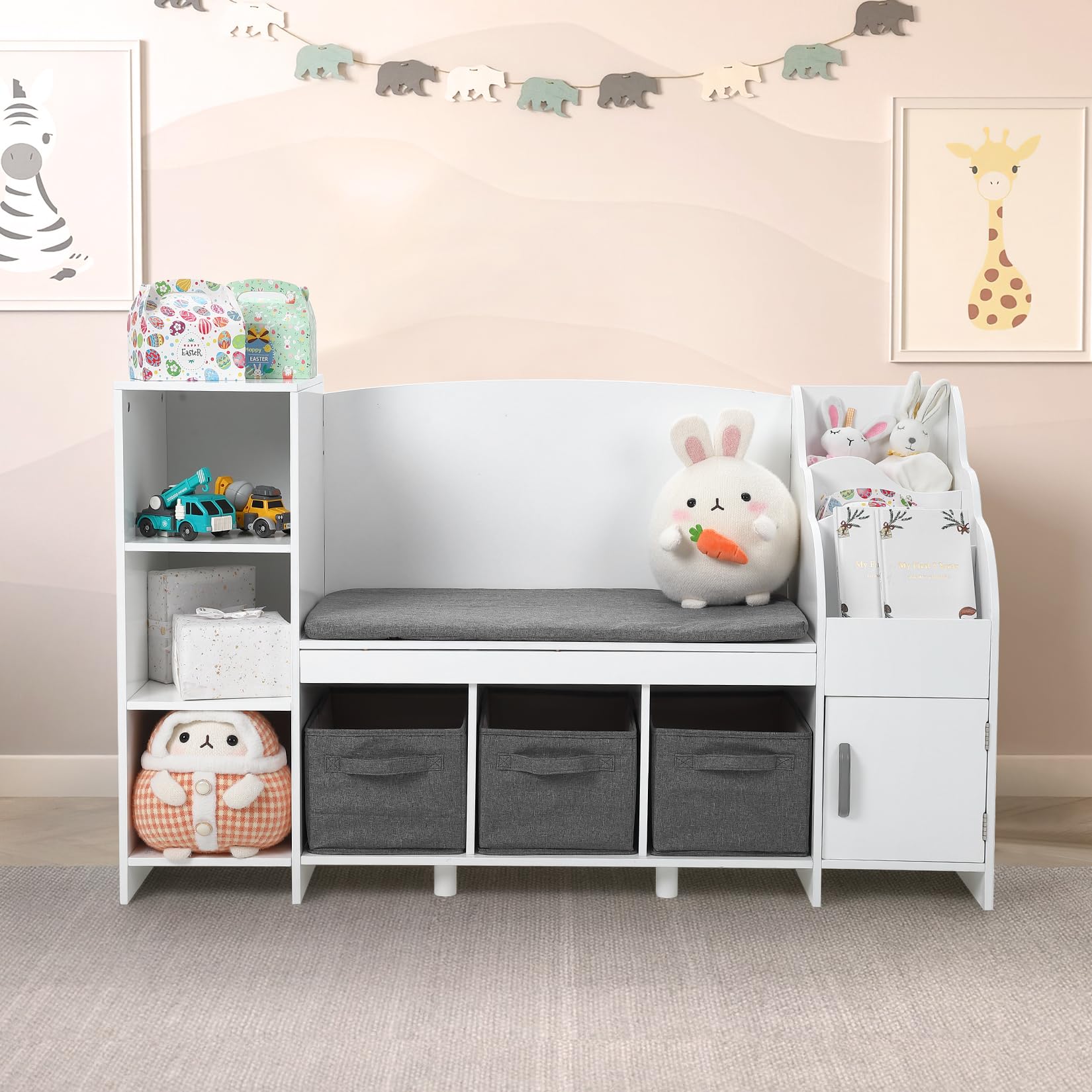 Kids Bookshelf with Reading Nook, Bookcase with Detachable Cushion ,Storage Organizer with Book Rack for Bedroom, Playroom, Gift for Boys and Girls, White