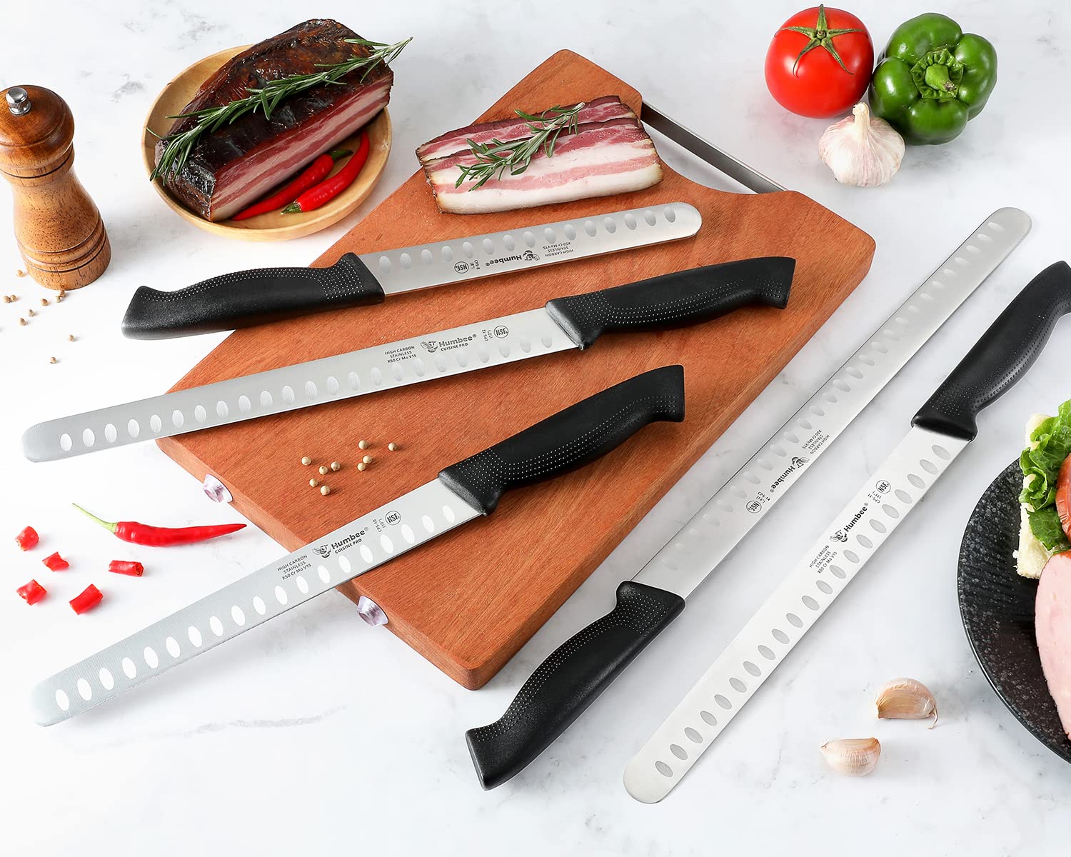 HUMBEE Chef 11-Inch Carving Knife with Granton Edge for Turkey Ham Meat Slicing and cutting NSF Certified CP5-11 Black