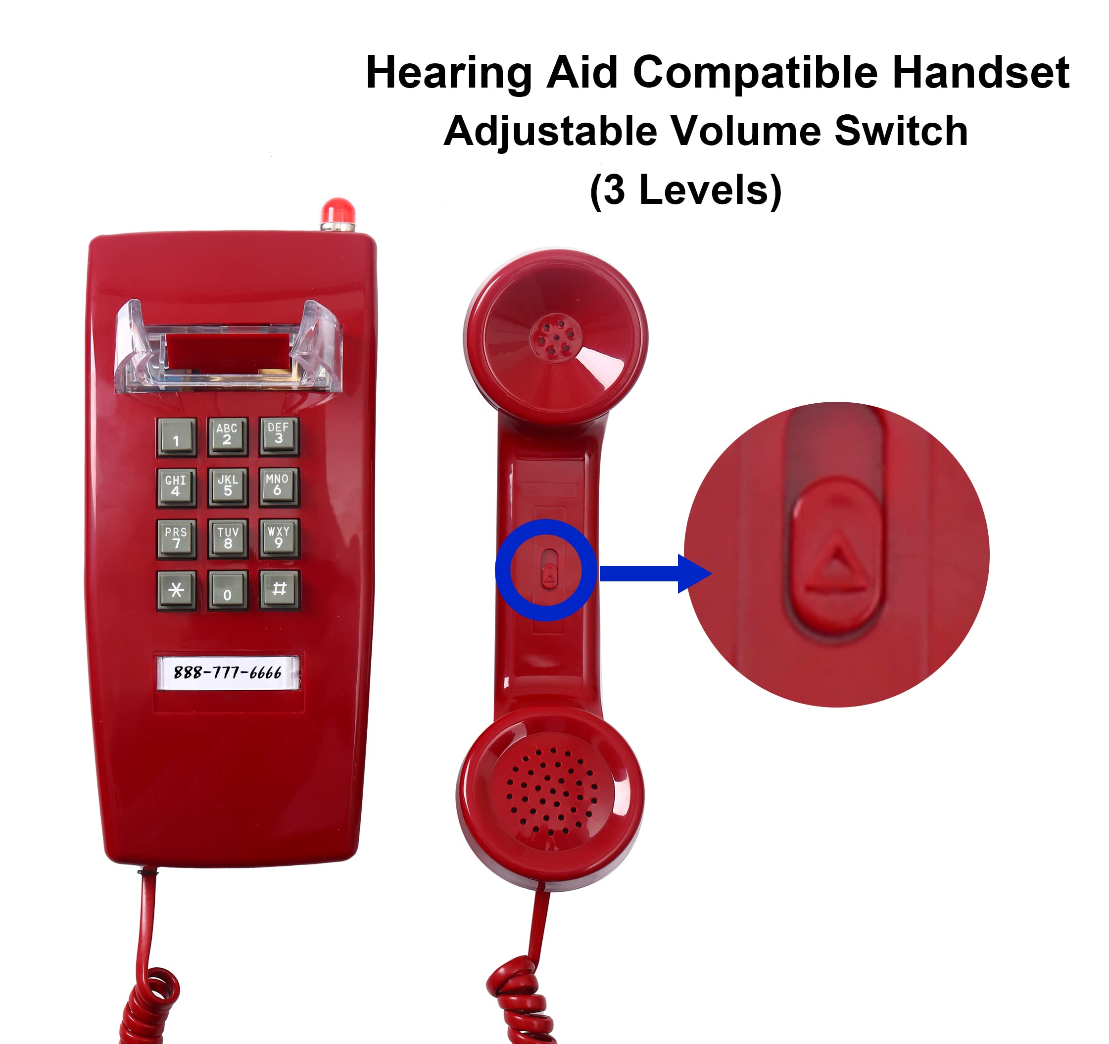 Traditional Wall Phones for Landline with Mechanical Ringing, Retro Wall Mounted Phone Waterproof, Classic 2554 Wall Telephone with Voicemail Indicator, Old Wall Mount Phone for Kitchen,Home,Red