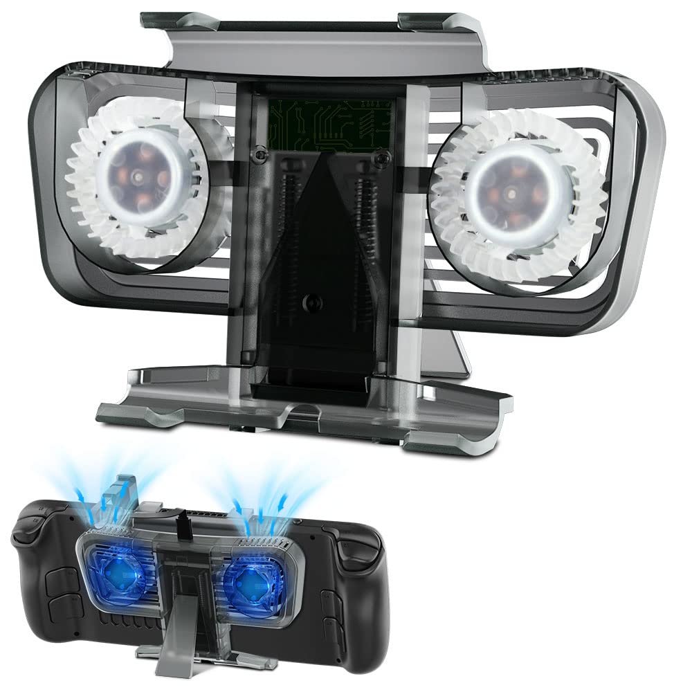Fan for Steam Deck Fan Cooler with Kickstand for Stream Deck Cooling Fan Accessories with Dual C-Port Adapter, 3-Speed Adjustable, Double Fans, Blue RGB LED
