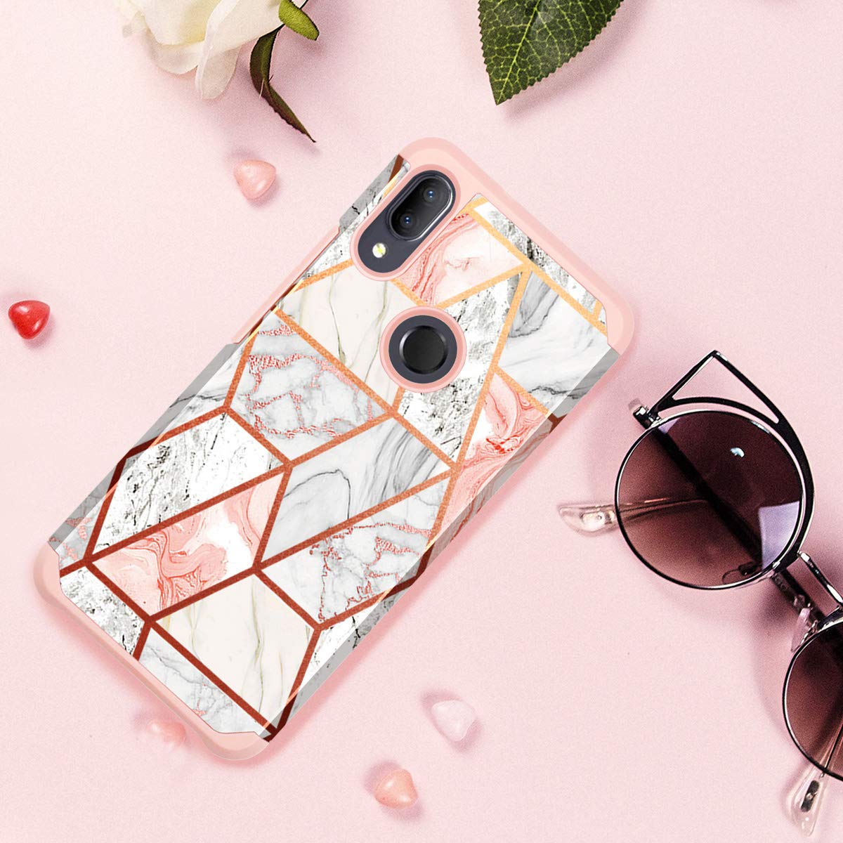 Fingic ALCATEL 3V 2019 Case/ 5032W Case, Rose Gold Marble Design Shiny Glitter Bumper Hybrid Hard PC Soft Rubber Silicone Cover Anti-Scratch Shockproof Protective Case for Alcatel 3V 2019/ 5034W 6.7"