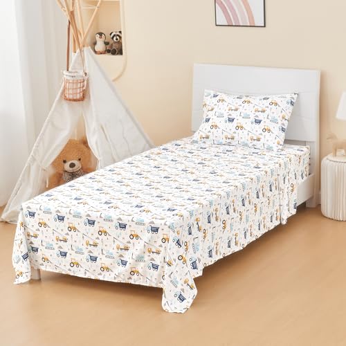 lasoftan Kids Sheet Set Twin Size 3 Pcs, Boys Twin Sheet Set with Blue Excavator Car Pattern,Kids Boys Twin Fitted Sheet ,Breathable & Silky Soft Microfiber Kids Fitted Sheet