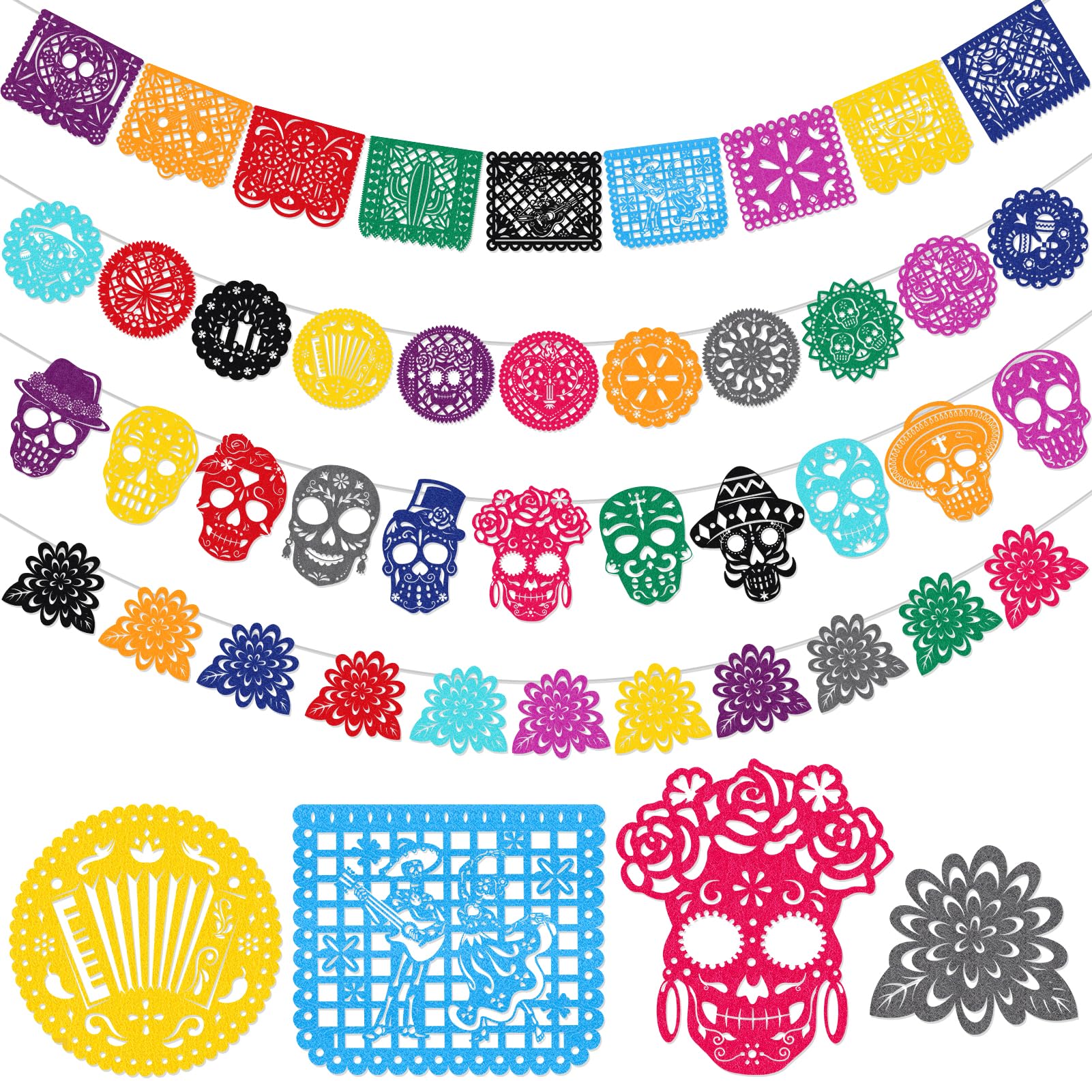 HOWAF 42pcs Day of The Dead Papel Picado Banner, Felt Dia De Los Muertos Sugar Skull Marigold Hanging Garland for Mexican Dia de Los Muertos Altar Decor, Colorful Cinco De Mayo Flag Banner