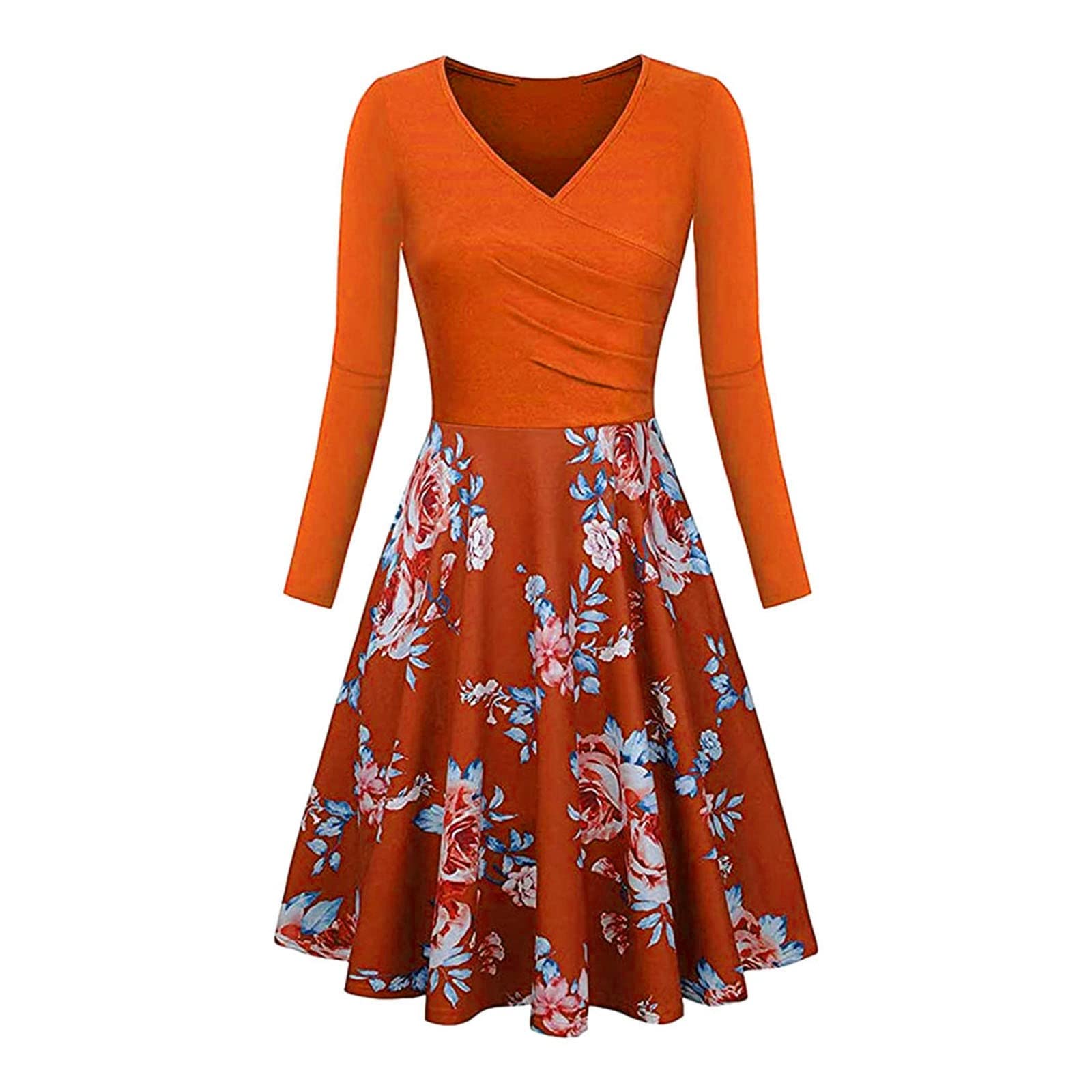 Floral Patterned A-Line Dress Womens Casual Pleated Midi Dress Deep V Neck Ruched Long Sleeve Swing Dress Red