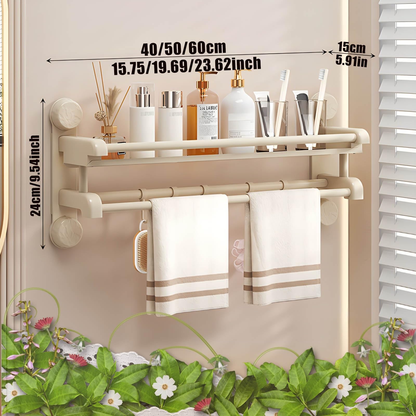 Towel Shelf,Bathroom Towel Rack with Shelf SUS304 Stainless Steel Wall Mount with Upgrade Suction Cup for Bedroom Bathroom Kitchen(White,15.75x5.91x9.45in)
