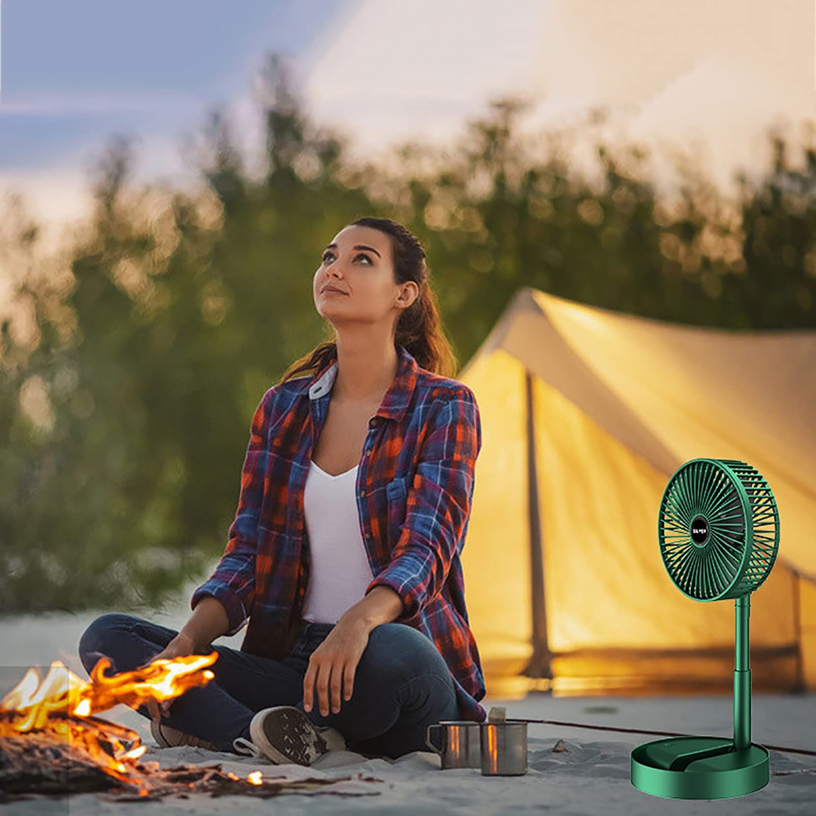 E I F E R Portable Folding Desk Fan with Phone Stand and Mini Storage Box, USB Rechargeable, 3 Speeds, for Desktop or Countertop Use, Green, Summer Essential Tool