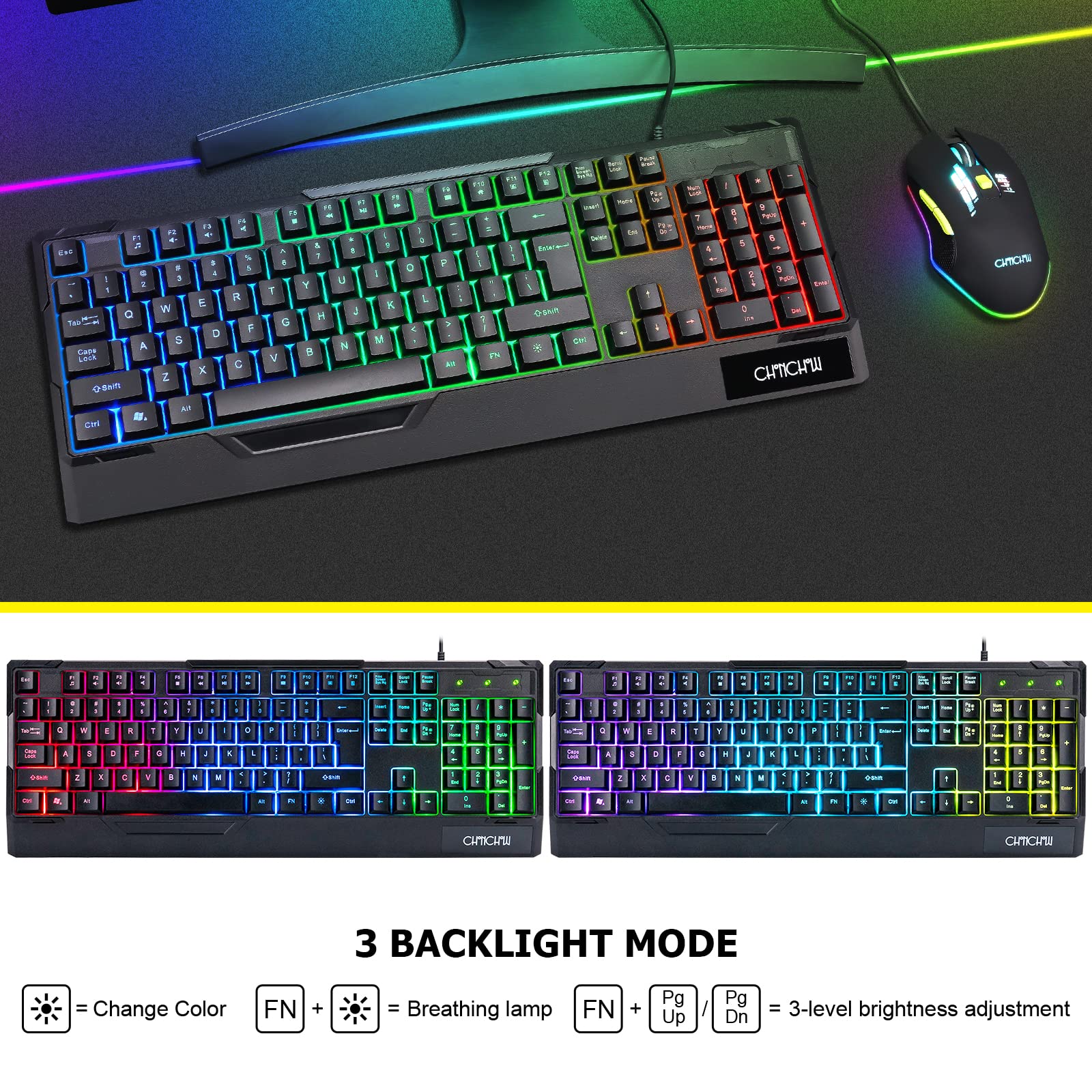 Gaming Keyboard and Mouse,CHONCHOW Full Size Computer Keyboard RGB Backlit USB Wired Keyboards&Gaming Mouse 3200DPI&Mousepad 3in1 for PC Laptop Desktop PS4 Xbox
