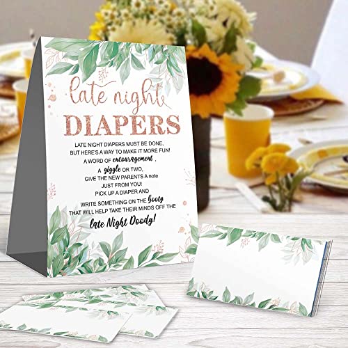 Late Night Diapers Sign & cards(1 Standing Sign + 20 Blank Greeting Cards), Eucalyptus Cards Diaper Thoughts, Baby Shower Diaper Game Write Funny Inspirational Message