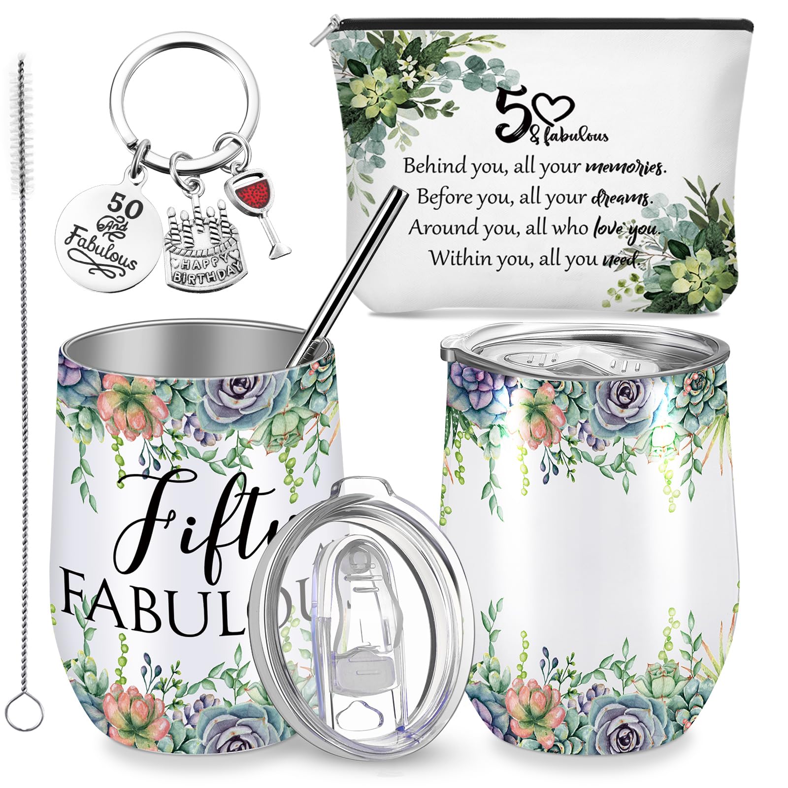 Irenare 50th Birthday Gifts for Women Fifty Fabulous Gifts for Her Happy 50th Birthday Gifts for Grandma Mom Sister Wife Aunt Friends Wine Glass Cosmetic Bag for Woman Birthday Gift(Fresh Style)