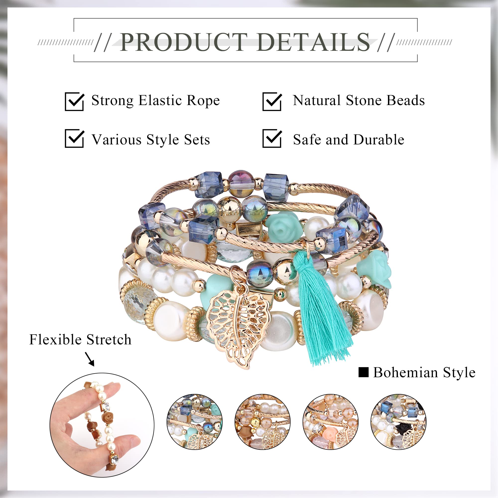 Florideco 4 Sets Bohemian Stackable Bead Bracelets for Women Men Stretch Multilayer Colorful Beads Bracelet with Charm Jewelry B