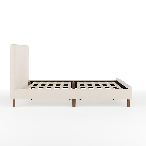Martha Stewart Britta Platform Bed with Headboard & Footboard, Faux Linen Upholstery with Piping Detail, Rounded Headboard, No Box Spring Needed, Full, Beige