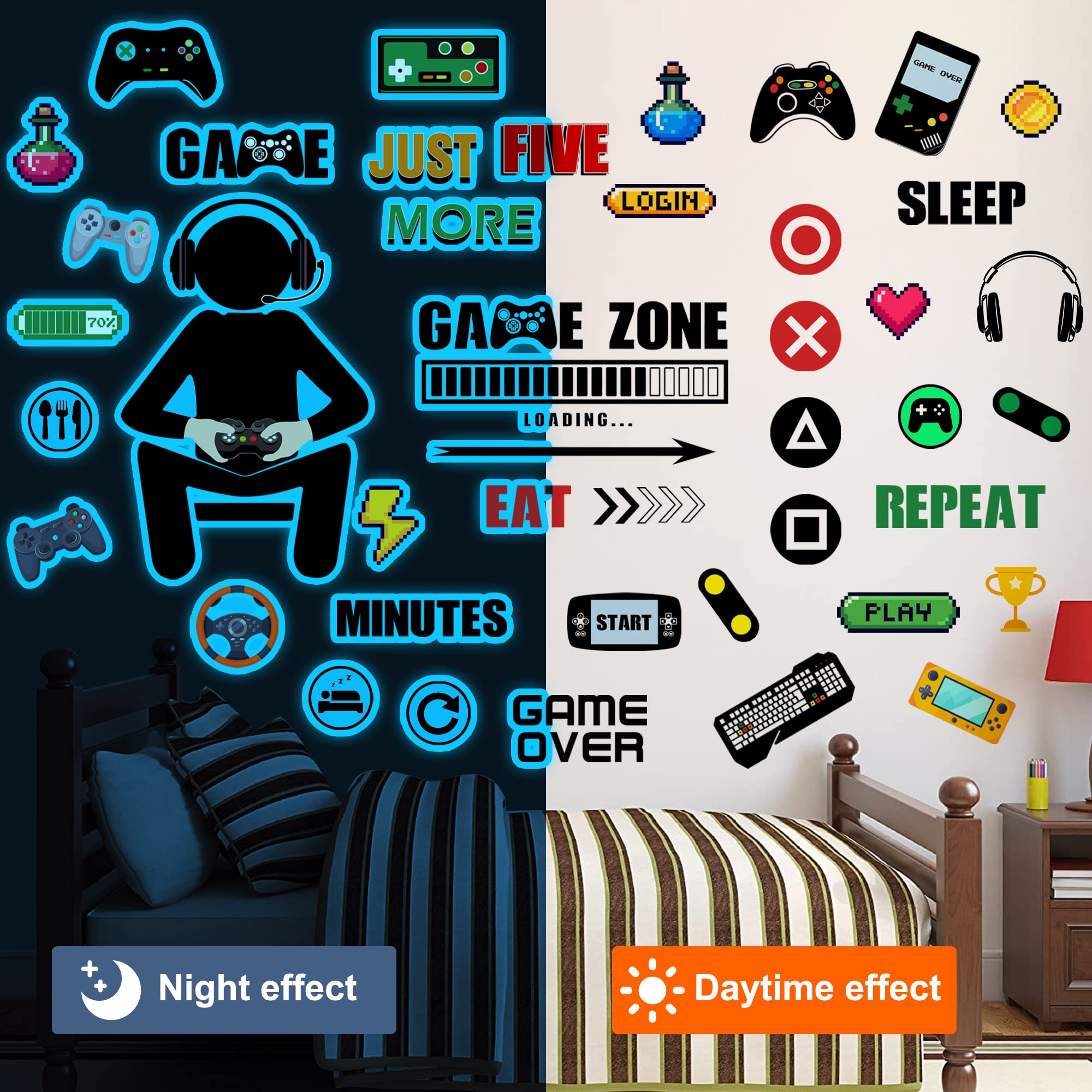 Gamer Wall Decals Stickers Glow in The Dark Wall Decals Game Wall Stickers Gaming Controller Wall Decals Game Room Decor Video Game Decal for Boys Kids Girls Bedoom Playroom Wall Decor⦠(Sky Blue)