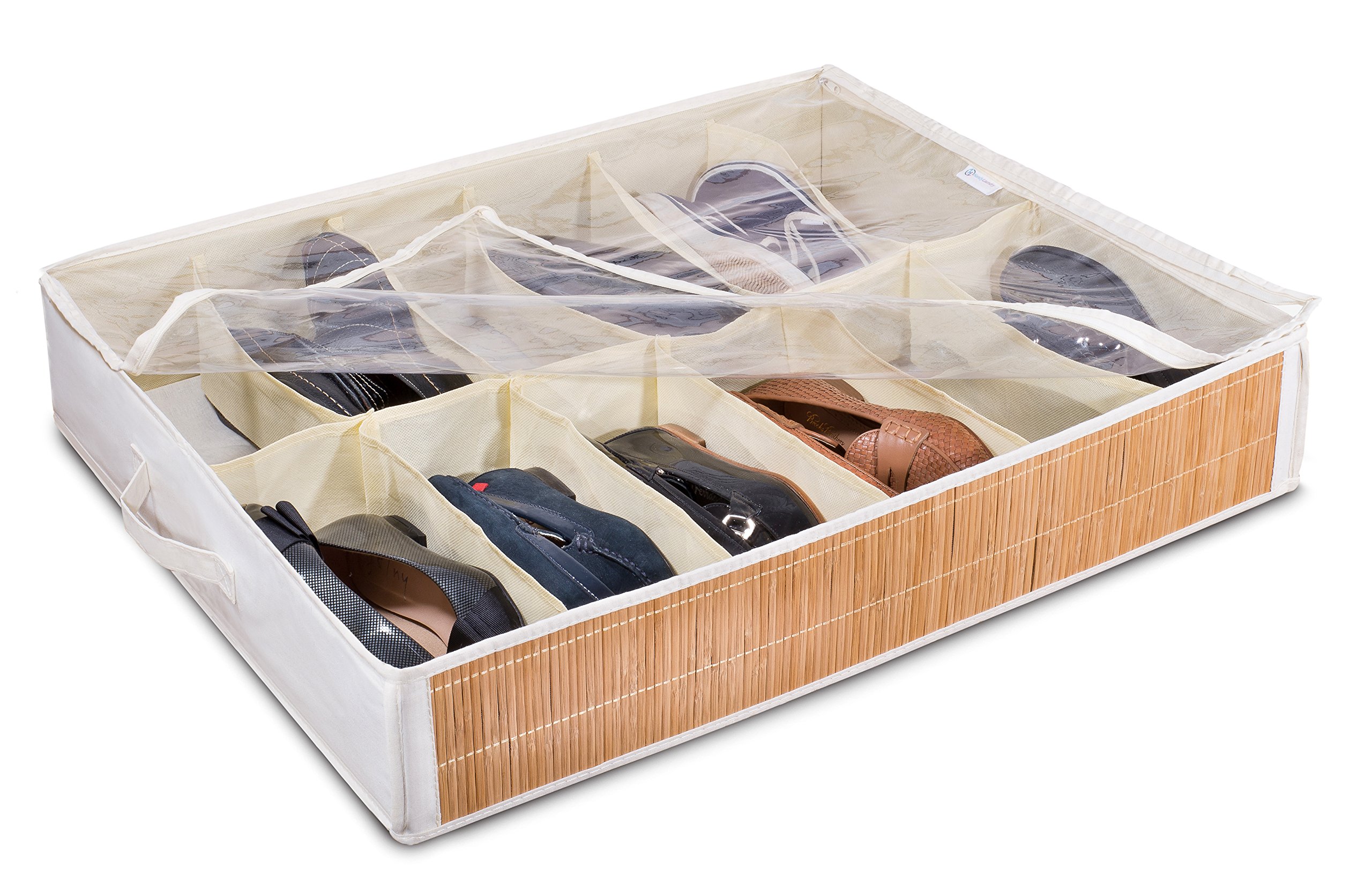 Under The Bed Shoe Organizer - Keep Your Shoes Organized with Storage for Up to Twelve Pairs of Shoes. Decorative Bamboo Siding, Easily Visible with Clear Cover and Protected from Moisture and Dust.